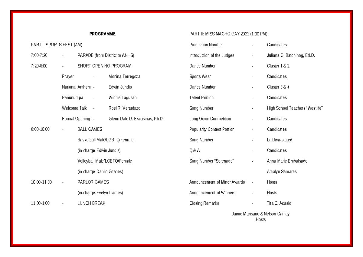 Teacher'S DAY Programme 2022 - PROGRAMME PART I: SPORTS FEST (AM) 7:00 ...