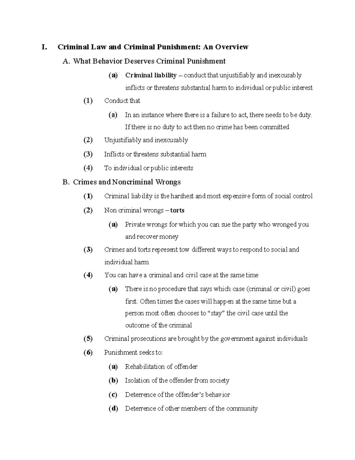 Criminal Law Outline - I. Criminal Law and Criminal Punishment: An ...