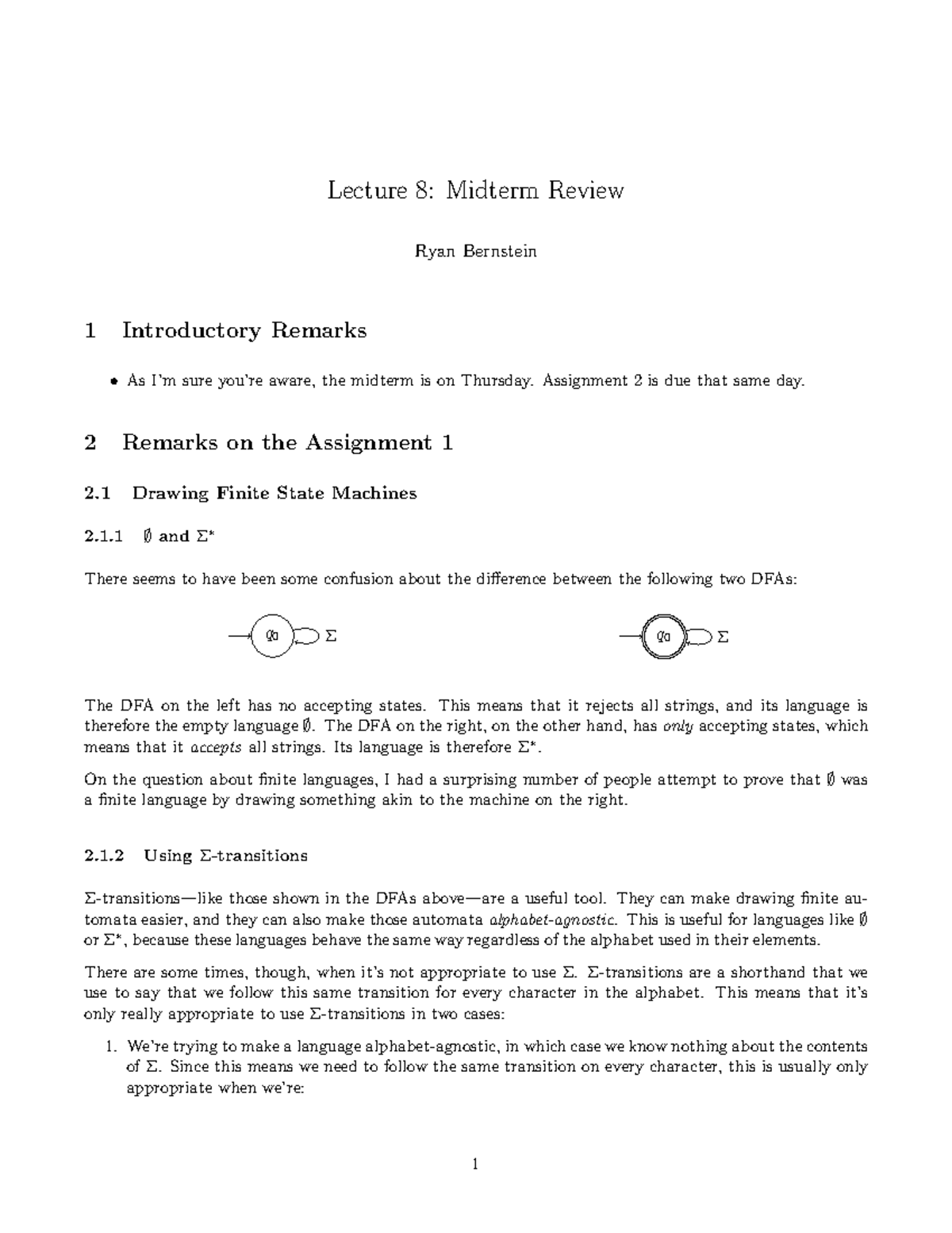 08 Midterm Review - Lecture 8: Midterm Review Ryan Bernstein 1 Introductory Remarks As I’m sure ...