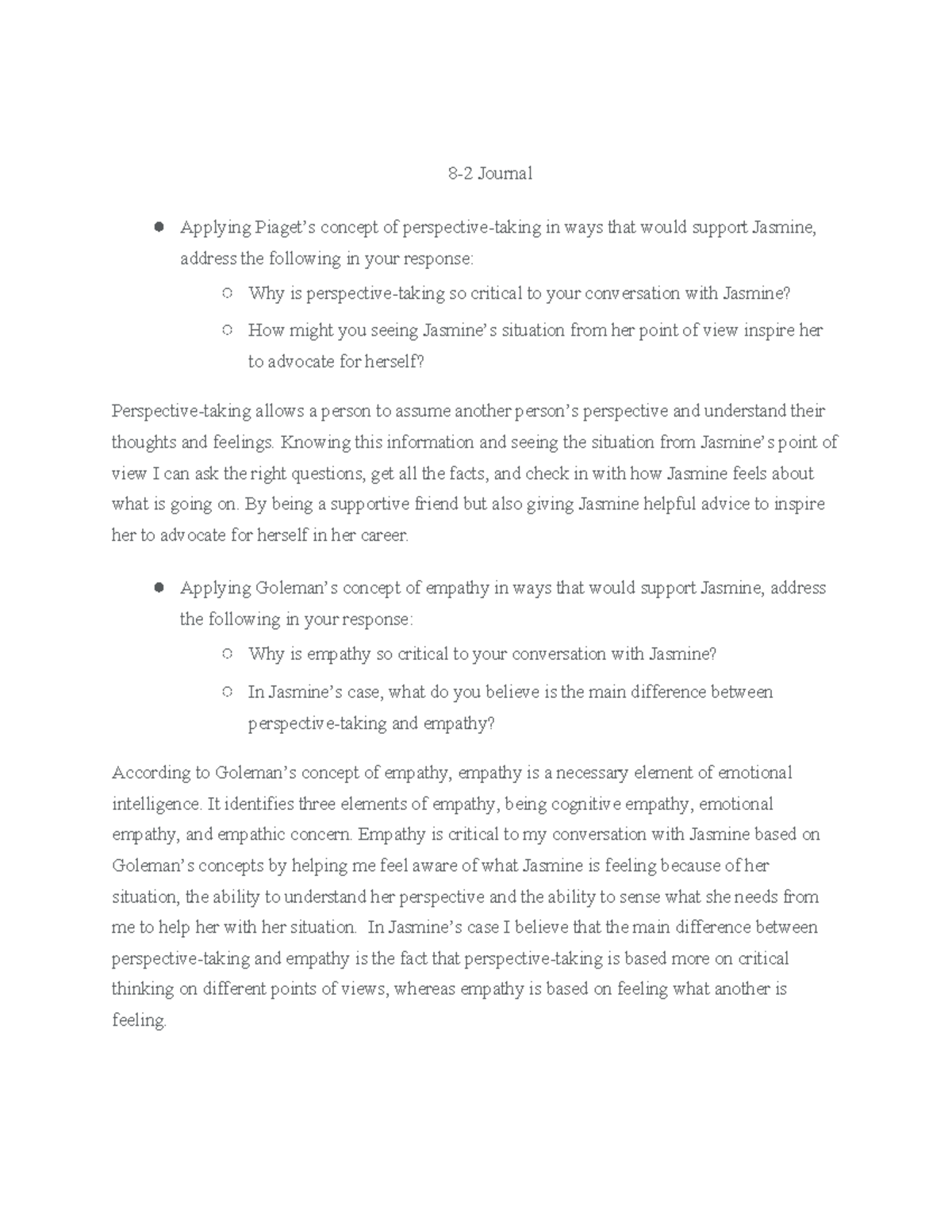 8-2 Journal - 8-2 Journal Applying Piaget’s concept of perspective ...