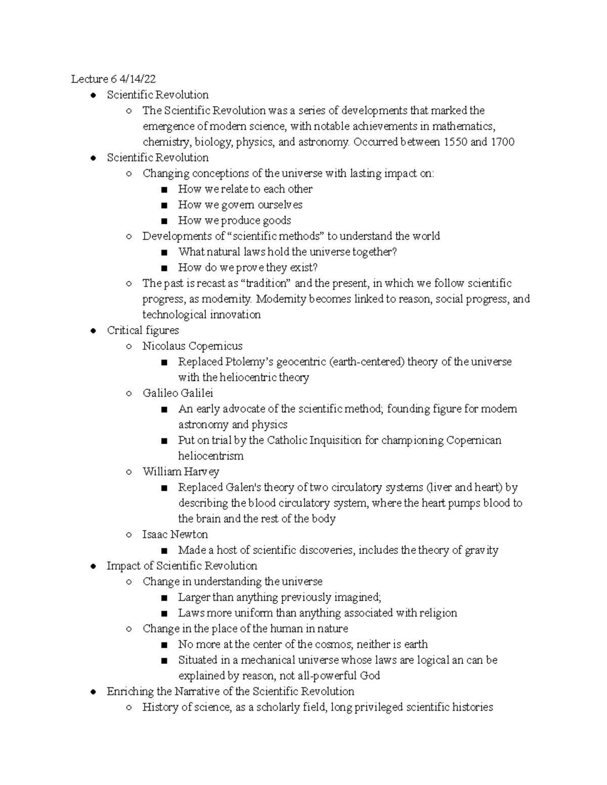 Global Lecture 6 - Lecture 6 4/14/ Scientific Revolution The Scientific ...