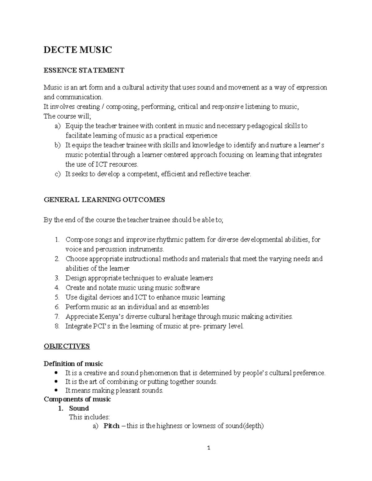Decte Music Notes Corrected - DECTE MUSIC ESSENCE STATEMENT Music is an ...