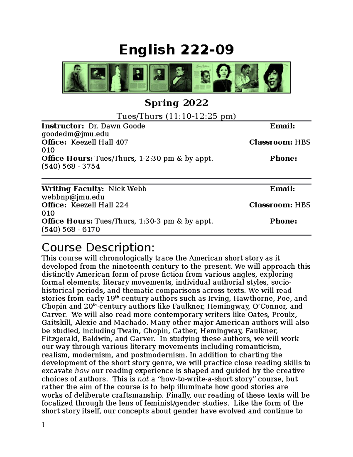 ENG222 - Course Syllabus - Goode - English 222- Spring 2022 Tues/Thurs ...