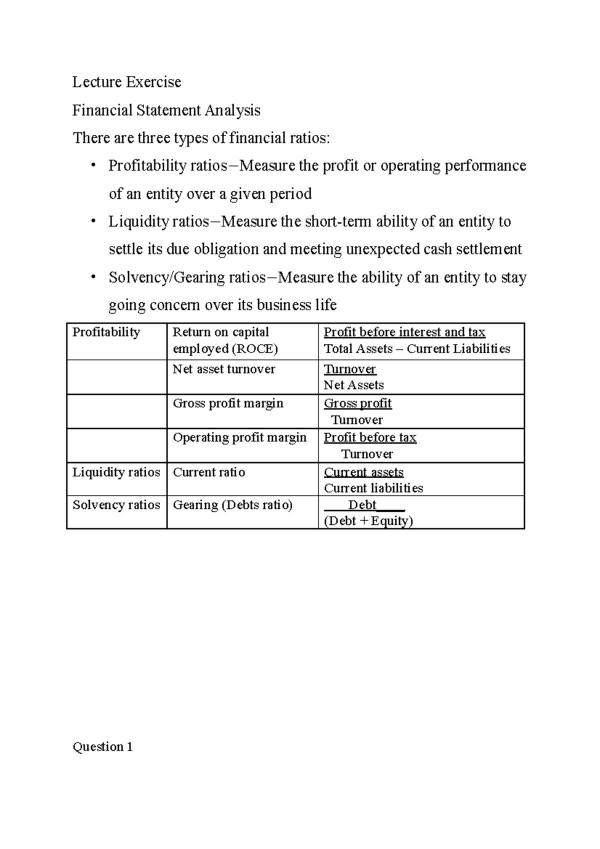 Lecture Exercise - Financial Statement Analysis - Lecture Exercise Financial Statement Analysis ...