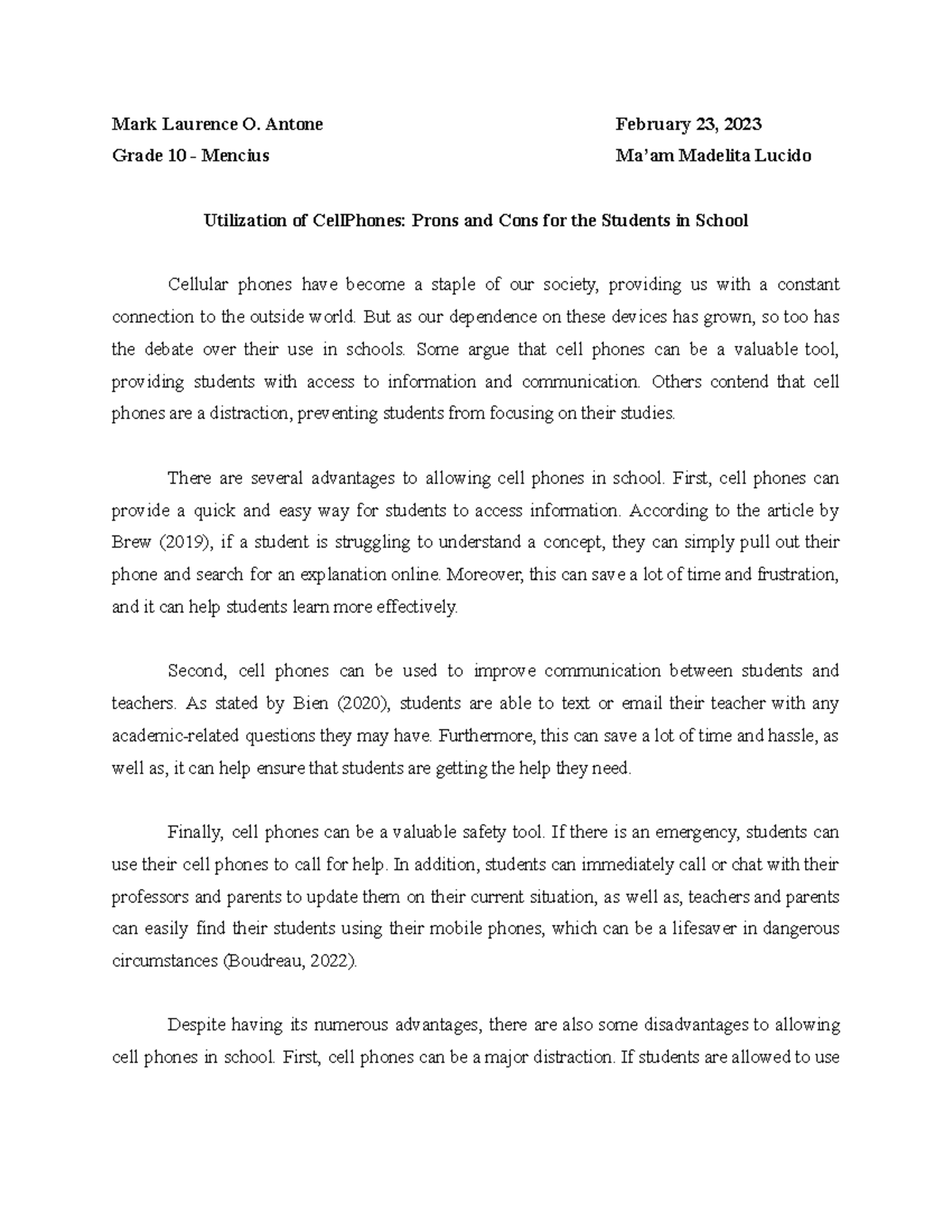 Argumentative-Essay Mark - Mark Laurence O. Antone February 23, 2023 ...