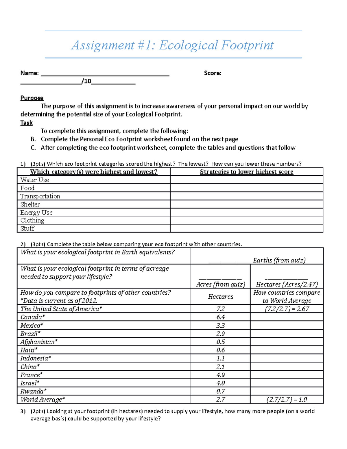 First Assignment Ecofootprint - Assignment #1: Ecological Footprint ...