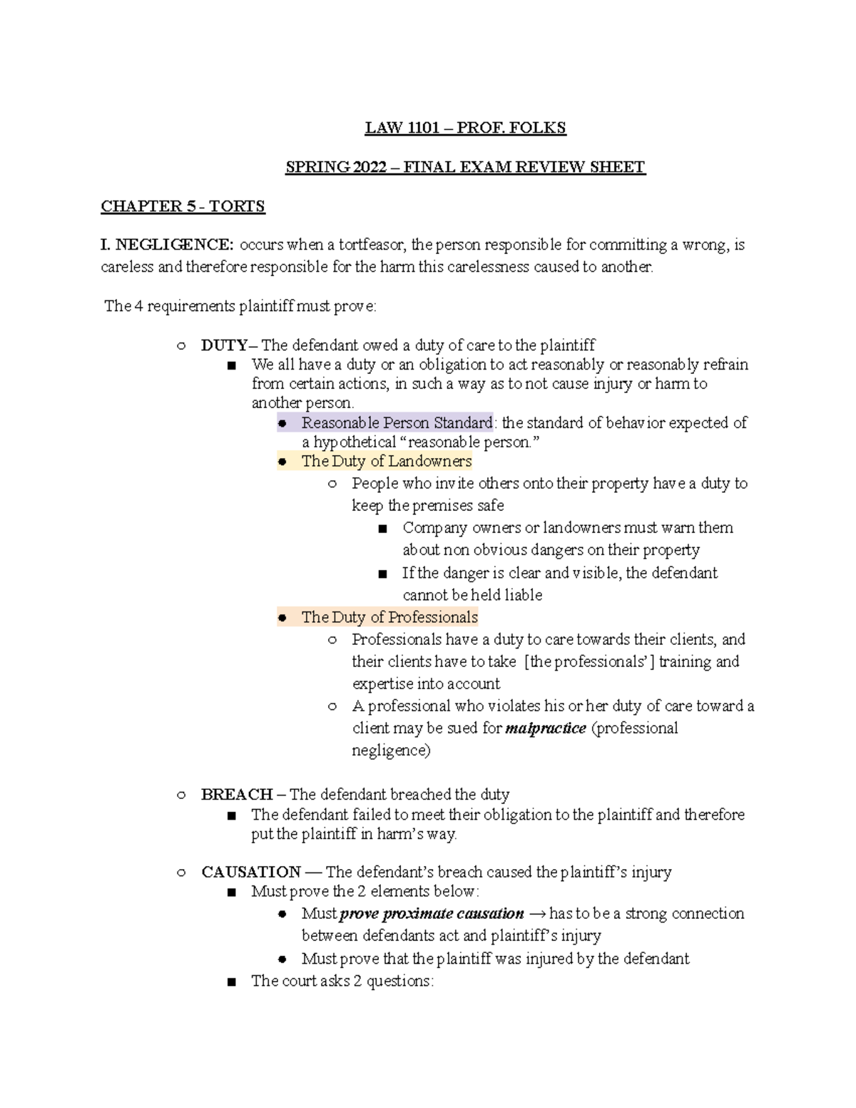 Final Law EXAM Review Sheet - LAW 1101 – PROF. FOLKS SPRING 2022 ...