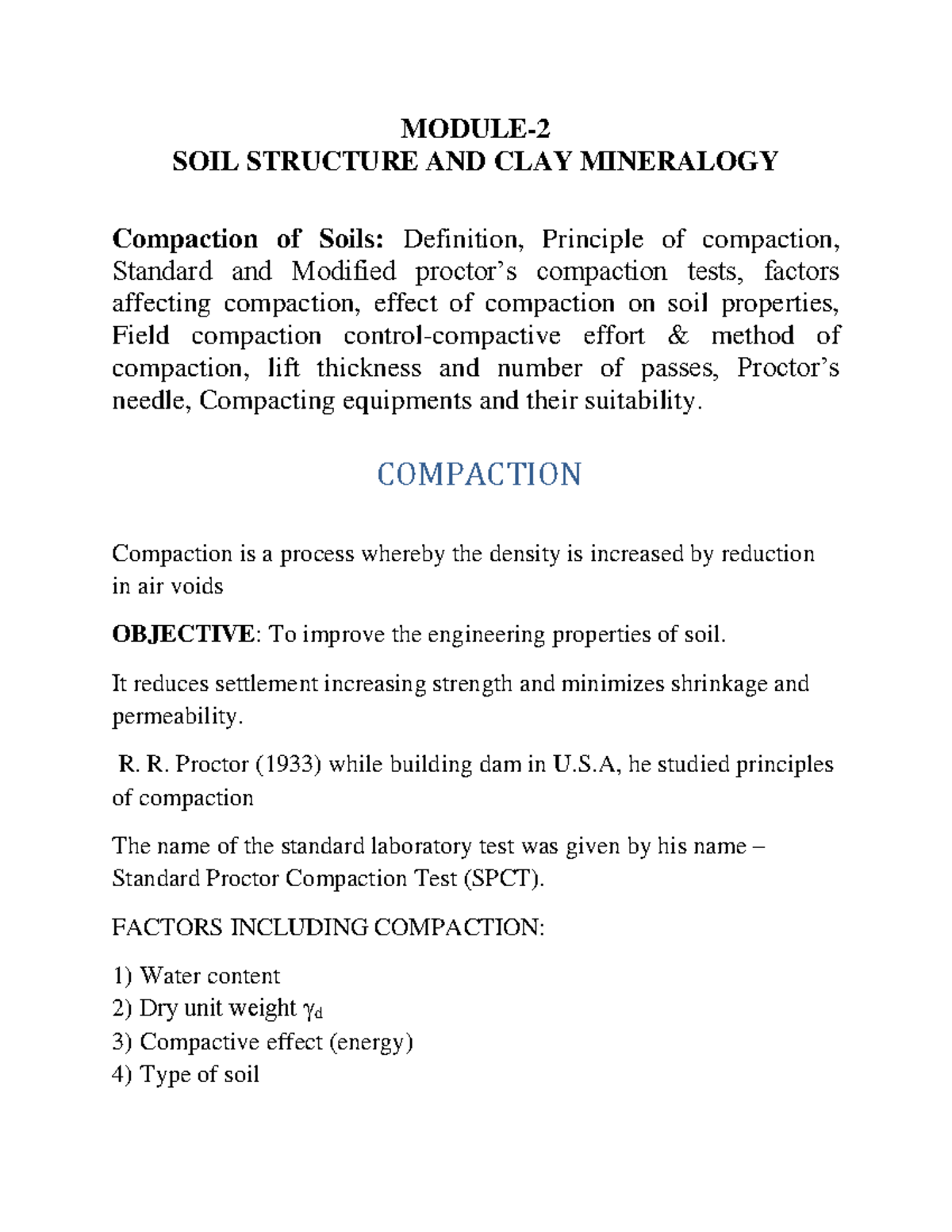 Compaction notes PDF - MODULE- SOIL STRUCTURE AND CLAY MINERALOGY ...