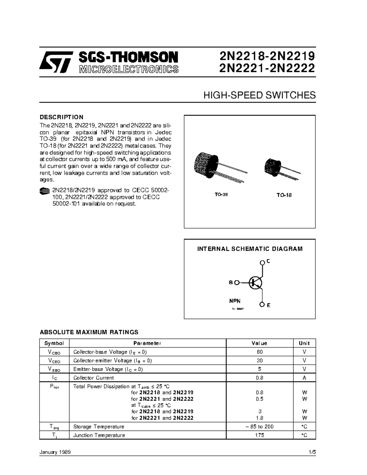 2N2218-2N2219 - Tabla transistor - 2N2218-2N 2N2221-2N January 1989 ...