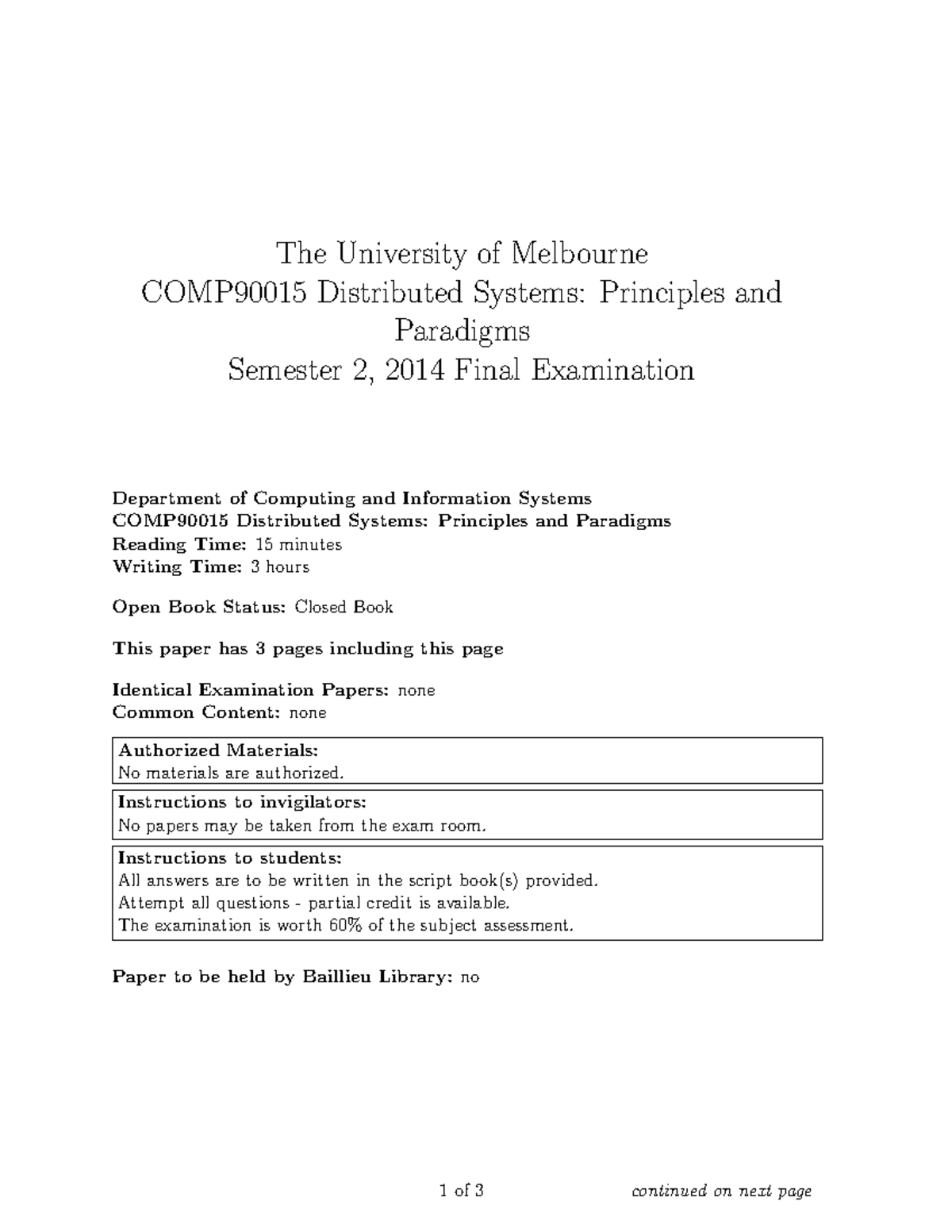 Exam 2014 semester 1 - The University of Melbourne COMP90015 ...