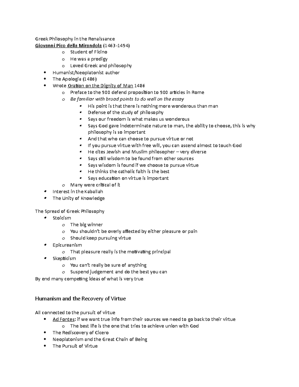 HUM 212 Notes 2 - Greek Philosophy in the Renaissance Giovanni Pico ...