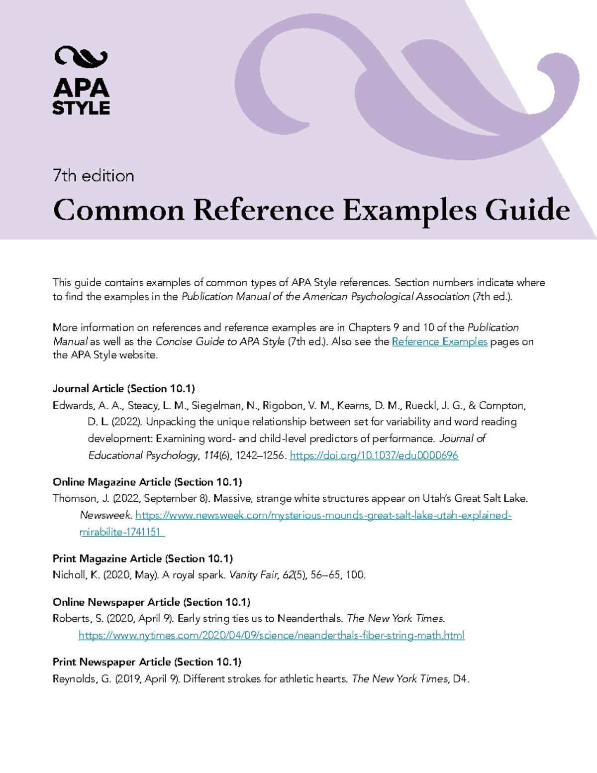 APA-Referencing-Styles - 7th edition Common Reference Examples Guide ...