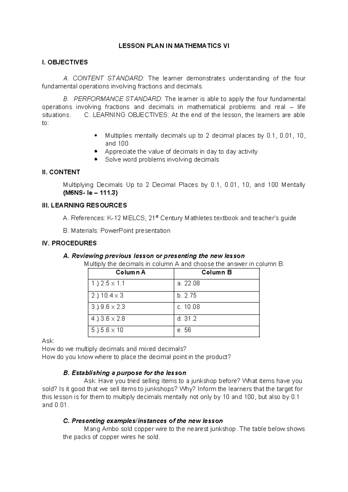 COT Lesson PLAN IN Mathematics VI - Q2 - LESSON PLAN IN MATHEMATICS VI ...