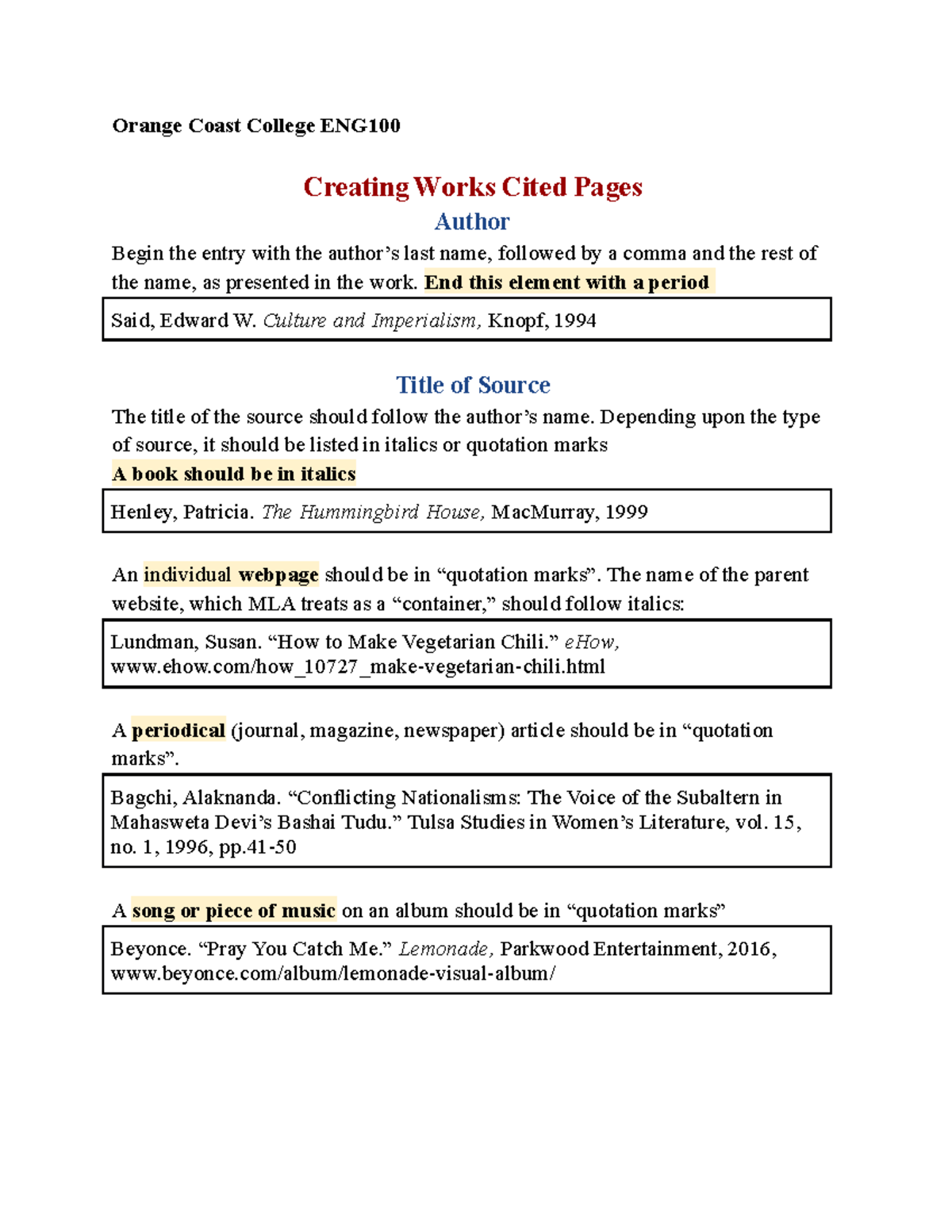 Creating Works Cited Pages - Orange Coast College ENG Creating Works ...