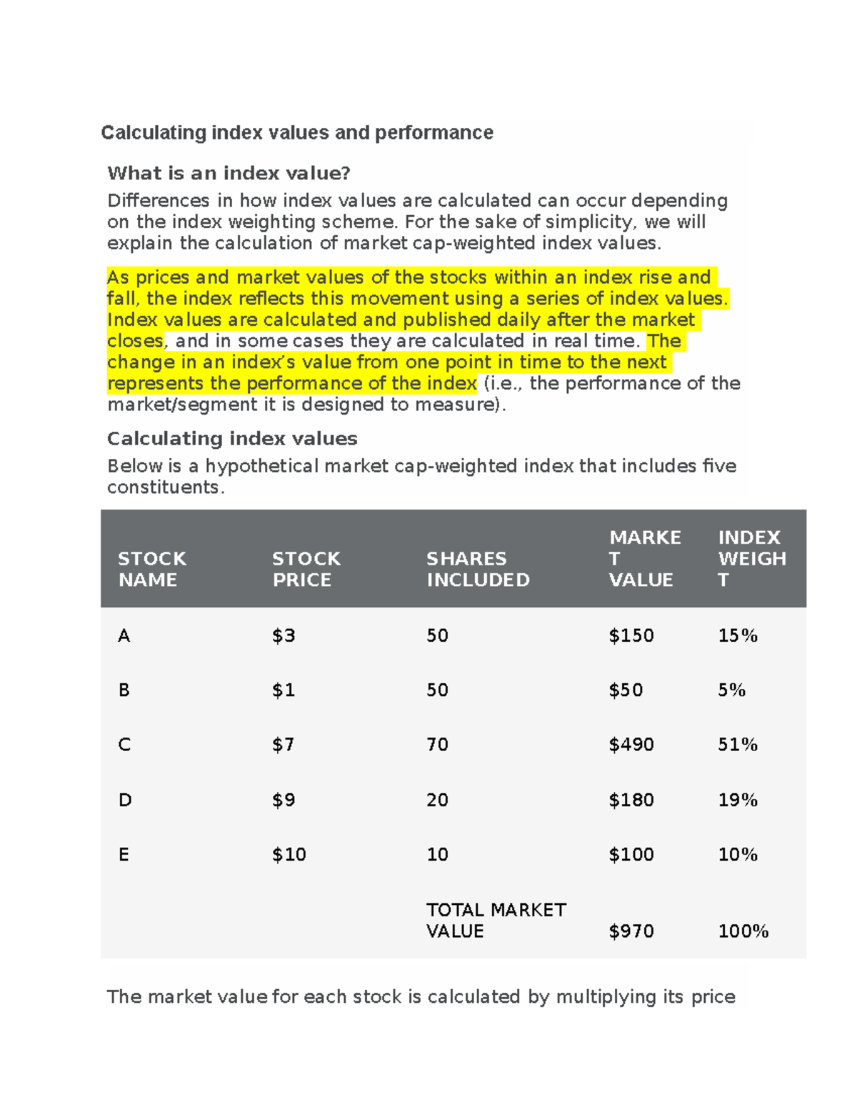 Calculating index values and performance - For the sake of simplicity ...