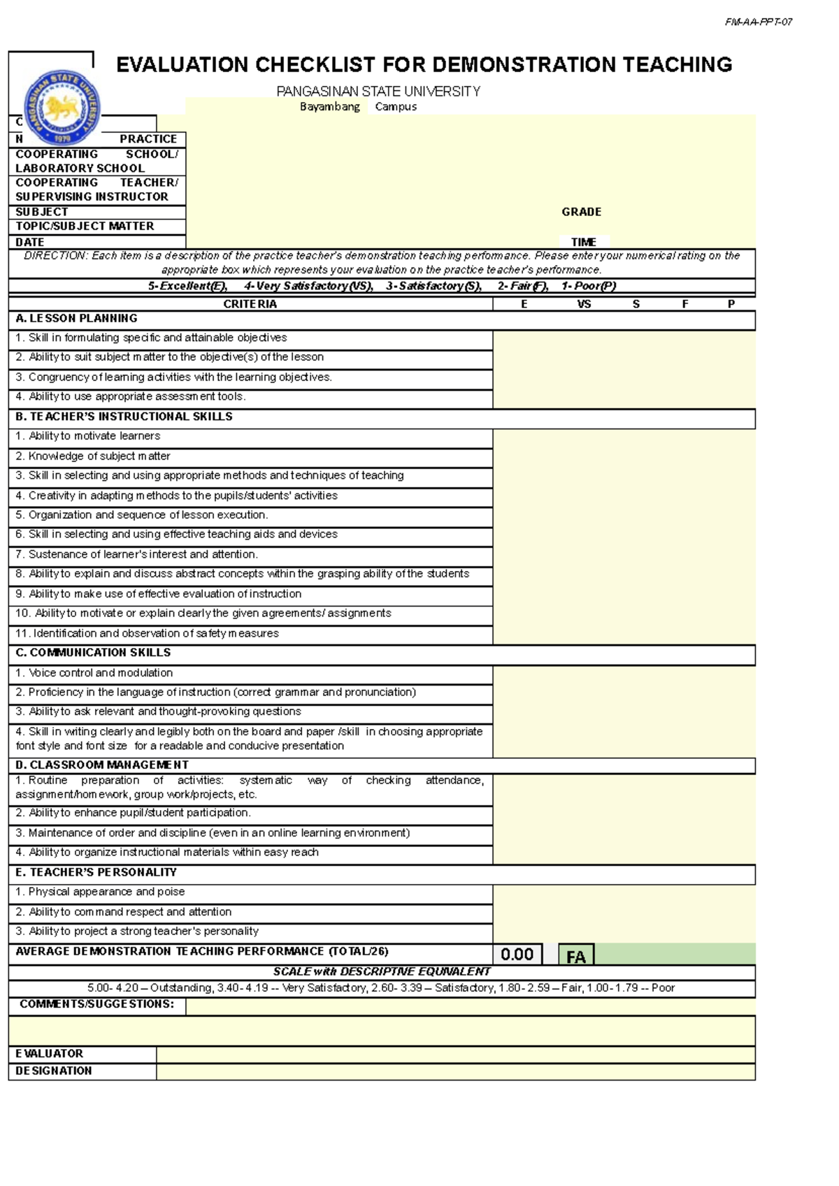 PT-Form-7 - lecture notes - FM-AA-PPT- EVALUATION CHECKLIST FOR ...