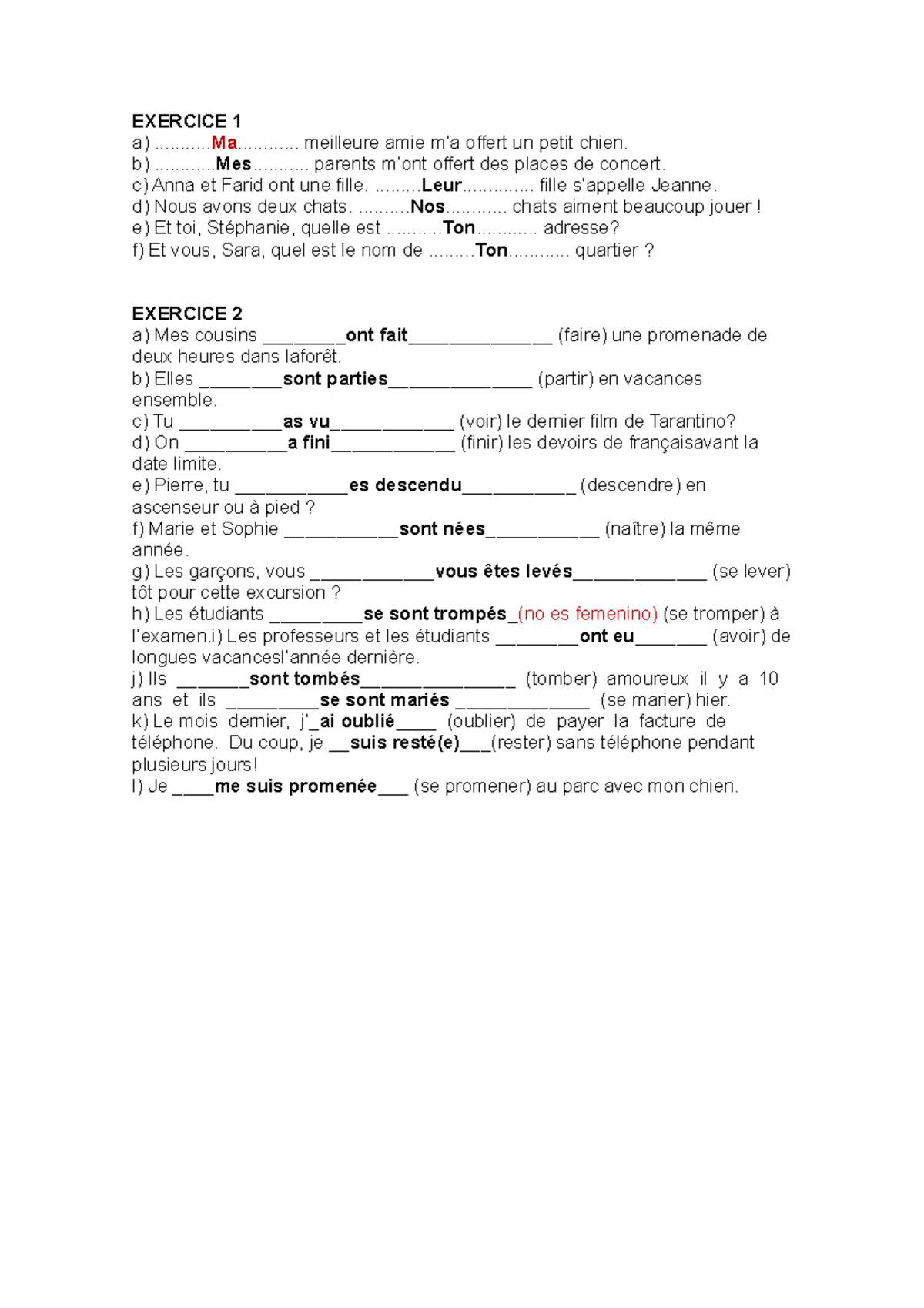 Exercises Grammaire - ejercicios de gramática francesa - EXERCICE 1 a ...
