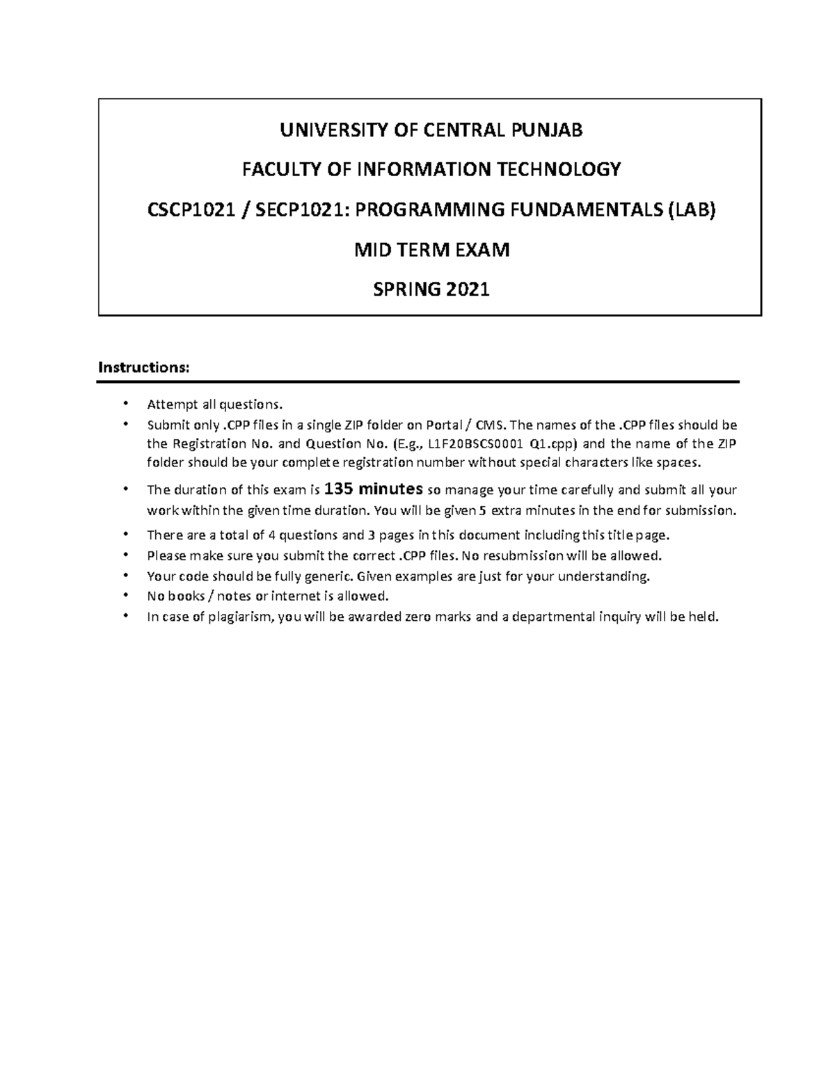 PF Mid Lab paper - UNIVERSITY OF CENTRAL PUNJAB FACULTY OF INFORMATION ...