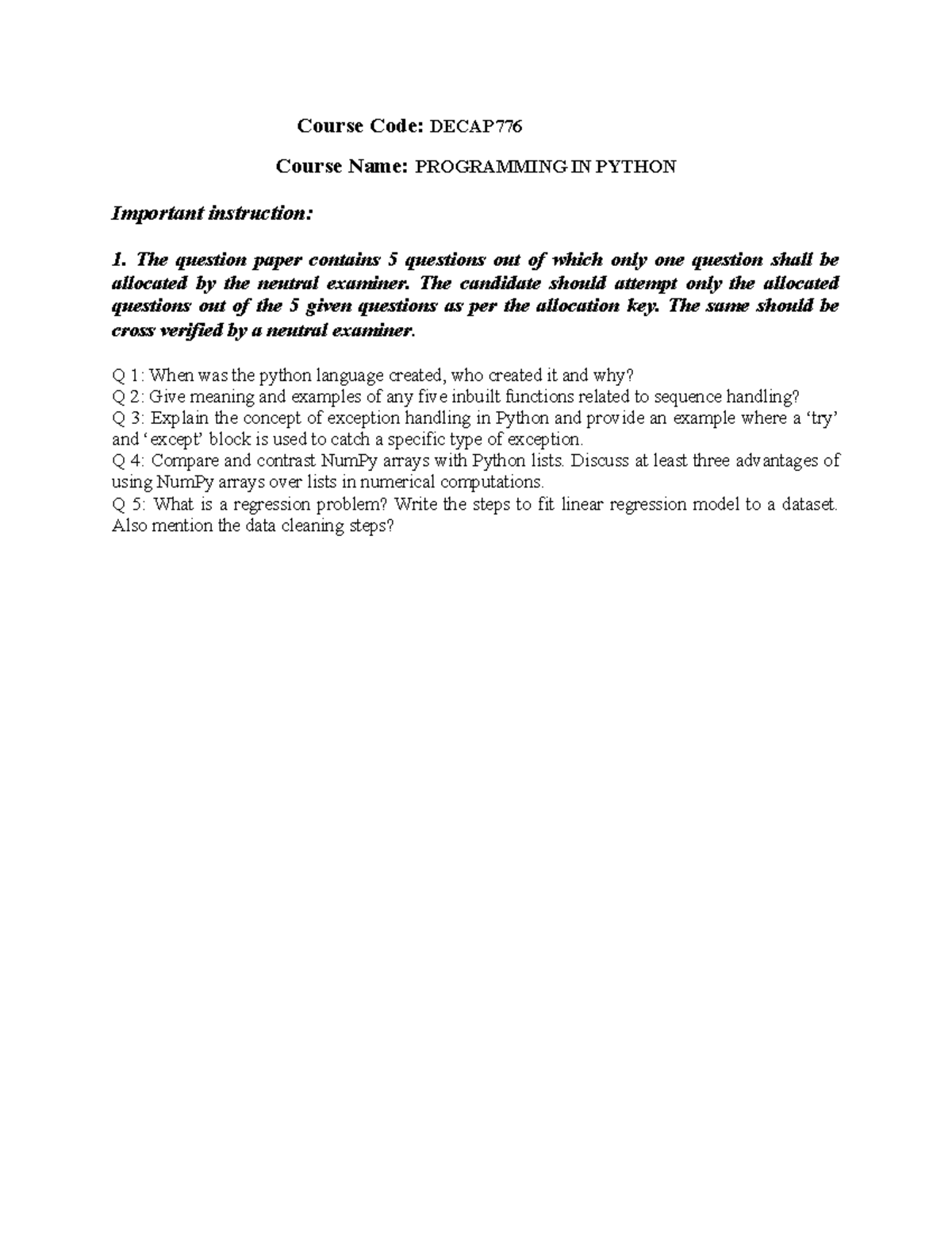 Decap 776 P Course Code Decap Course Name Programming In Python Important Instruction 1