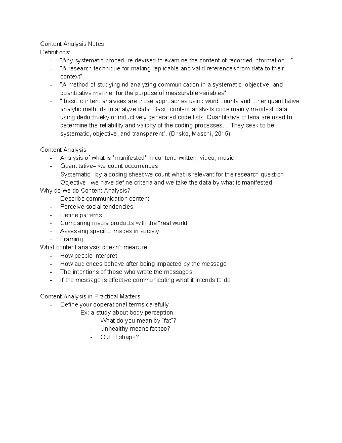 CM 321- Content Analysis - Content Analysis Notes Definitions: - “Any ...