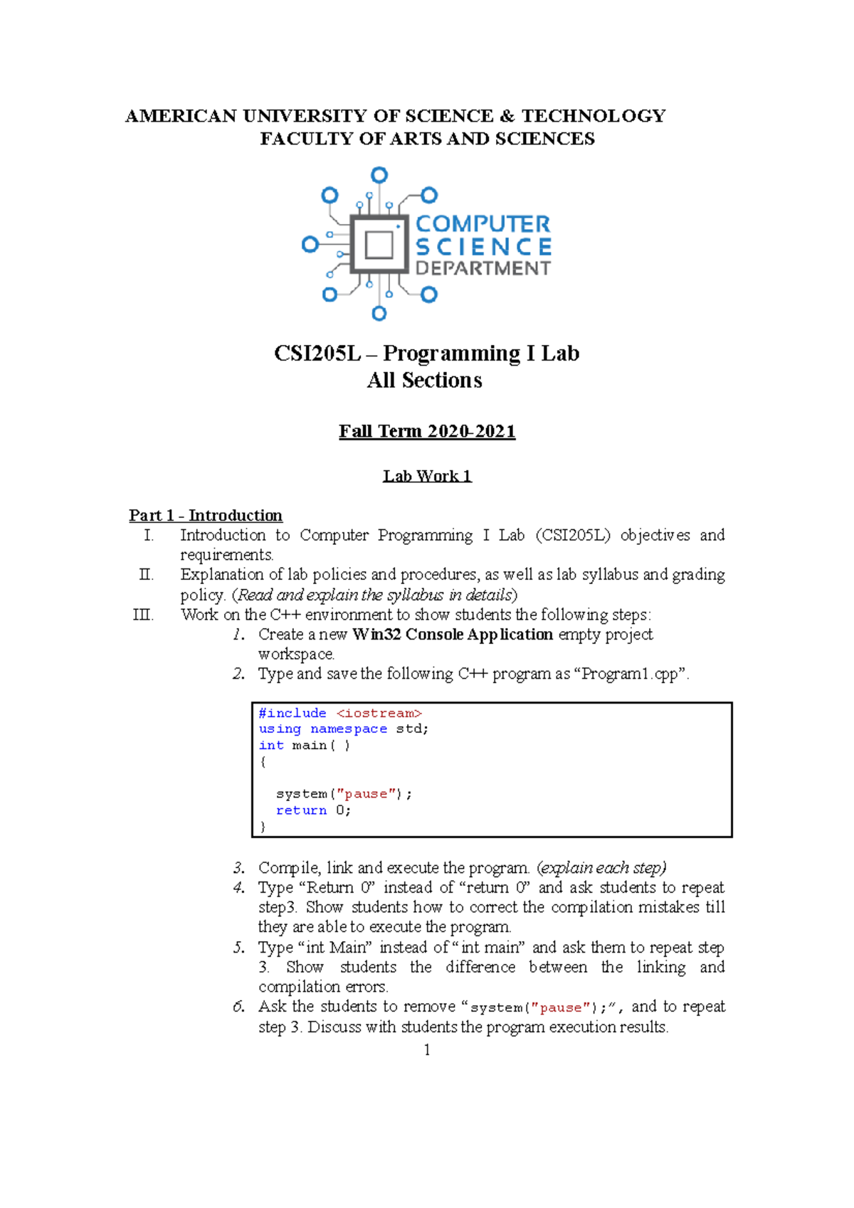 CSI205L Lab 1 - Programming 1 labs practice - AMERICAN UNIVERSITY OF SCIENCE & TECHNOLOGY - Studocu