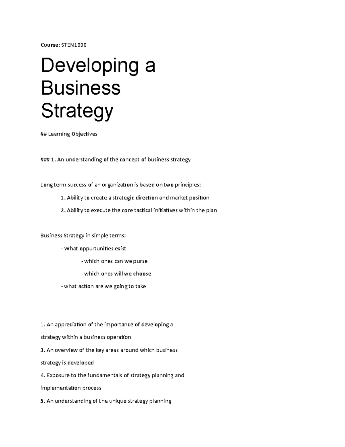 Developing a Business Strategy - Course: STEN Developing a Business ...