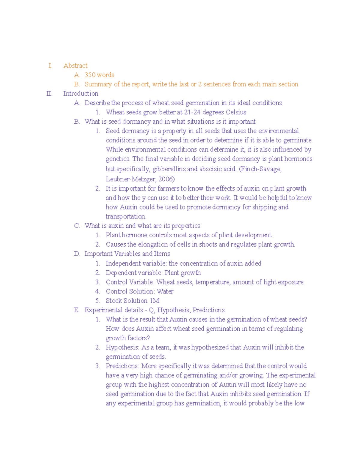 Methods Draft - I. Abstract A. 350 words B. Summary of the report ...