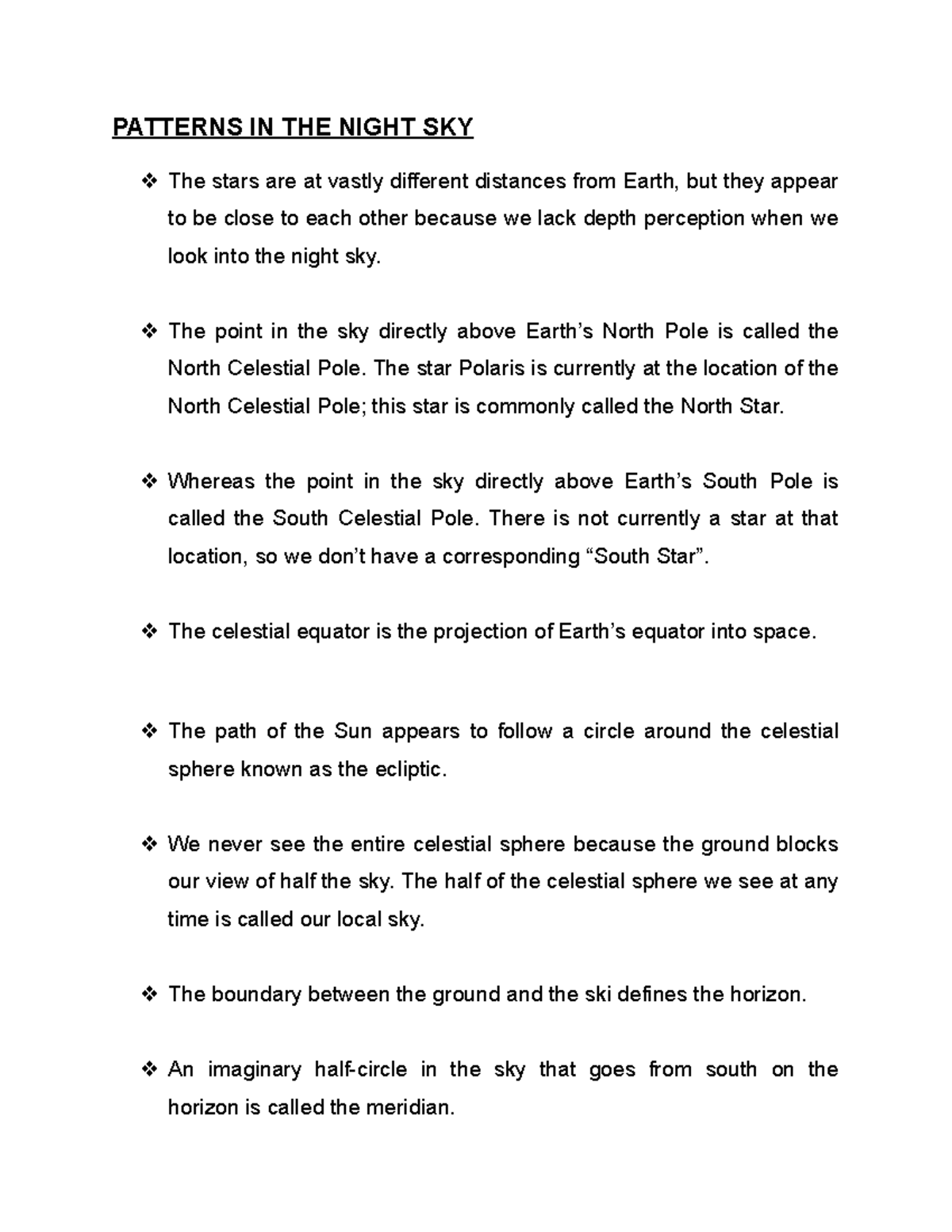 Lesson 2 Notes - PATTERNS IN THE NIGHT SKY The stars are at vastly ...