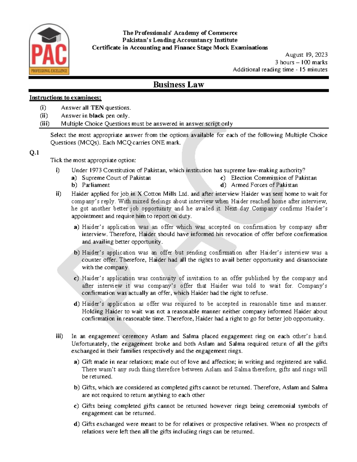 B.LAW Q. Paper (Final) Aut-2023 - The Professionals’ Academy of ...