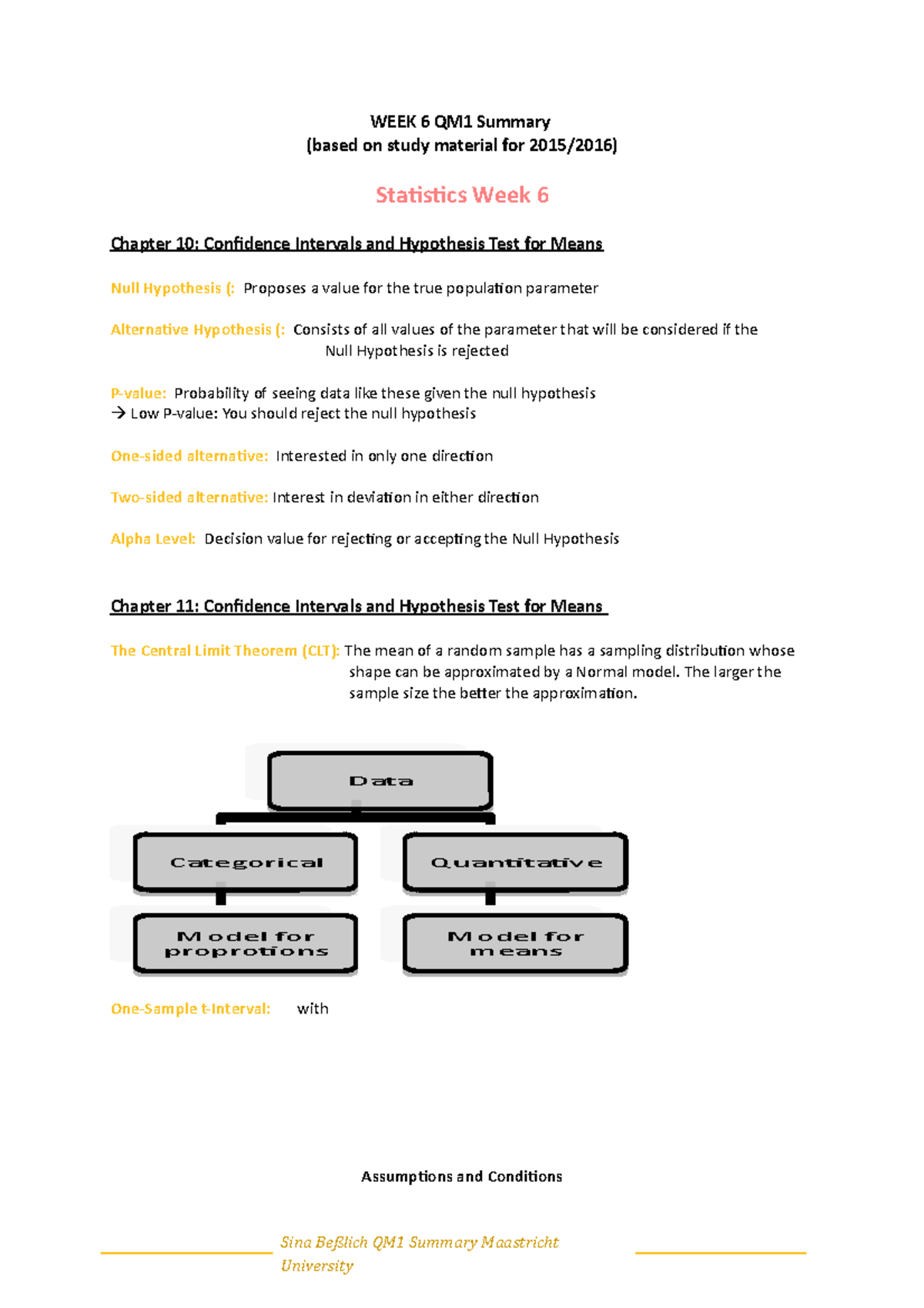 WEEK 6 QM1 Summary - WEEK 6 QM1 Summary (based on study material for 2015/2016) Statistics Week ...