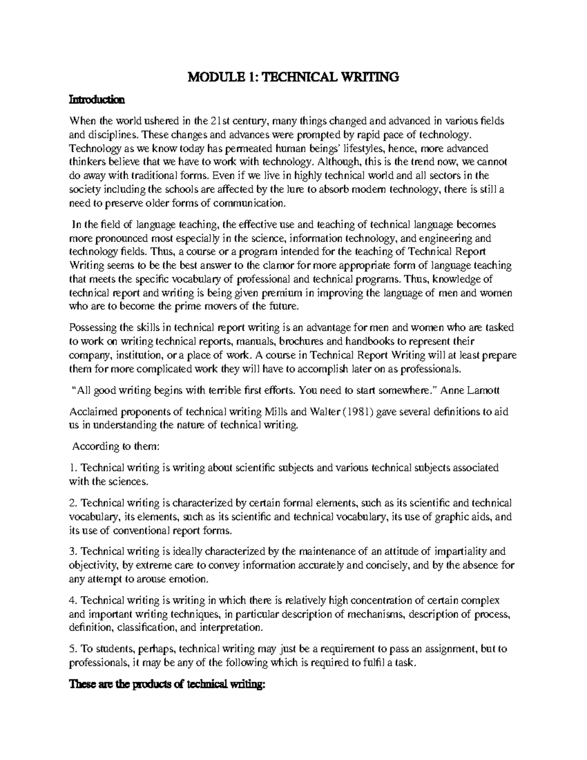 Tecwrite - 1 - Technical Writing Module 1 - MODULE 1: TECHNICAL WRITING ...