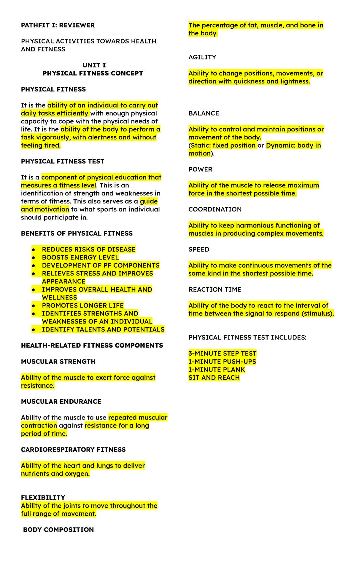 Reviewer in pathfit - Summary Physical Education (Wellness & Fitness ...