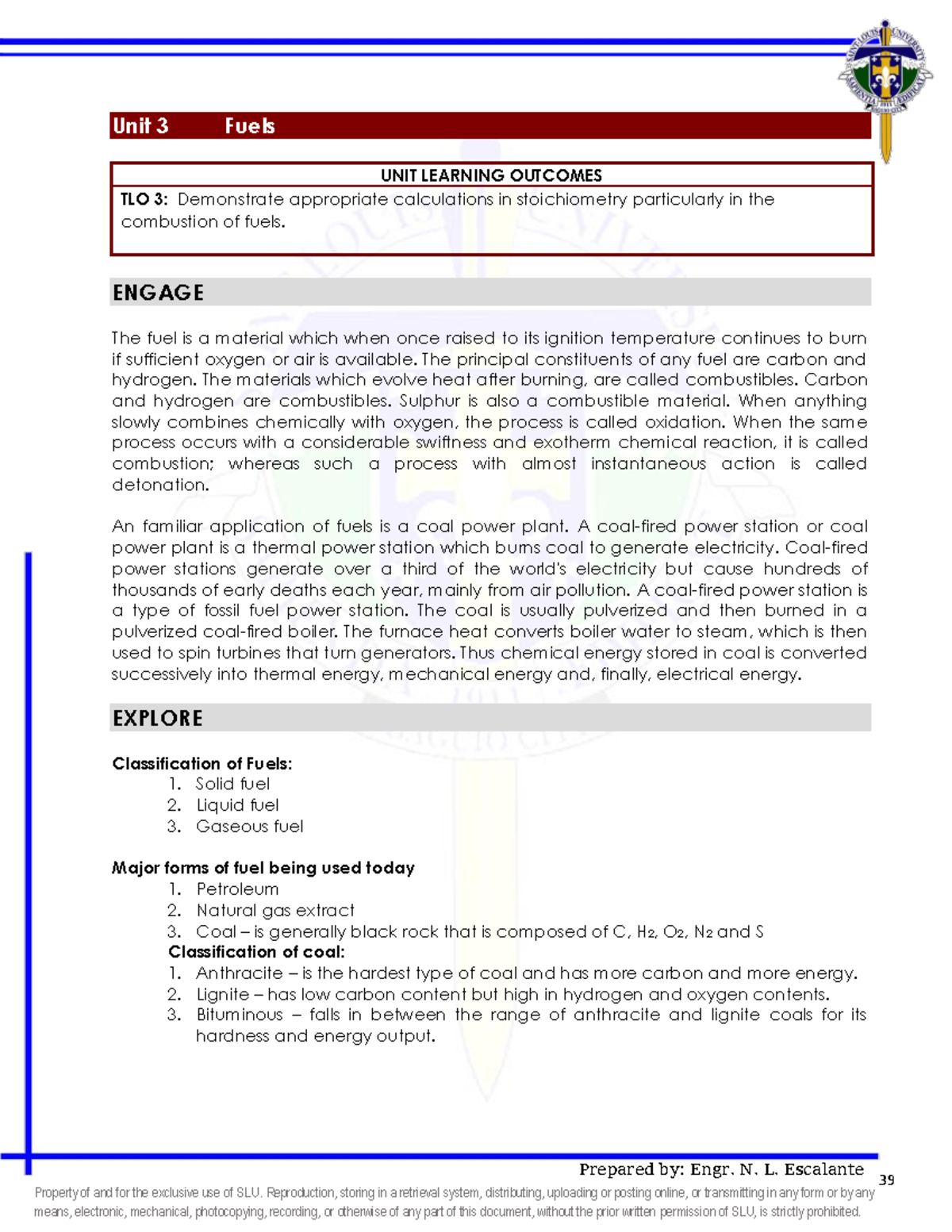 Module 1 UNIT 3 Enggchem - Property of and for the exclusive use of SLU ...