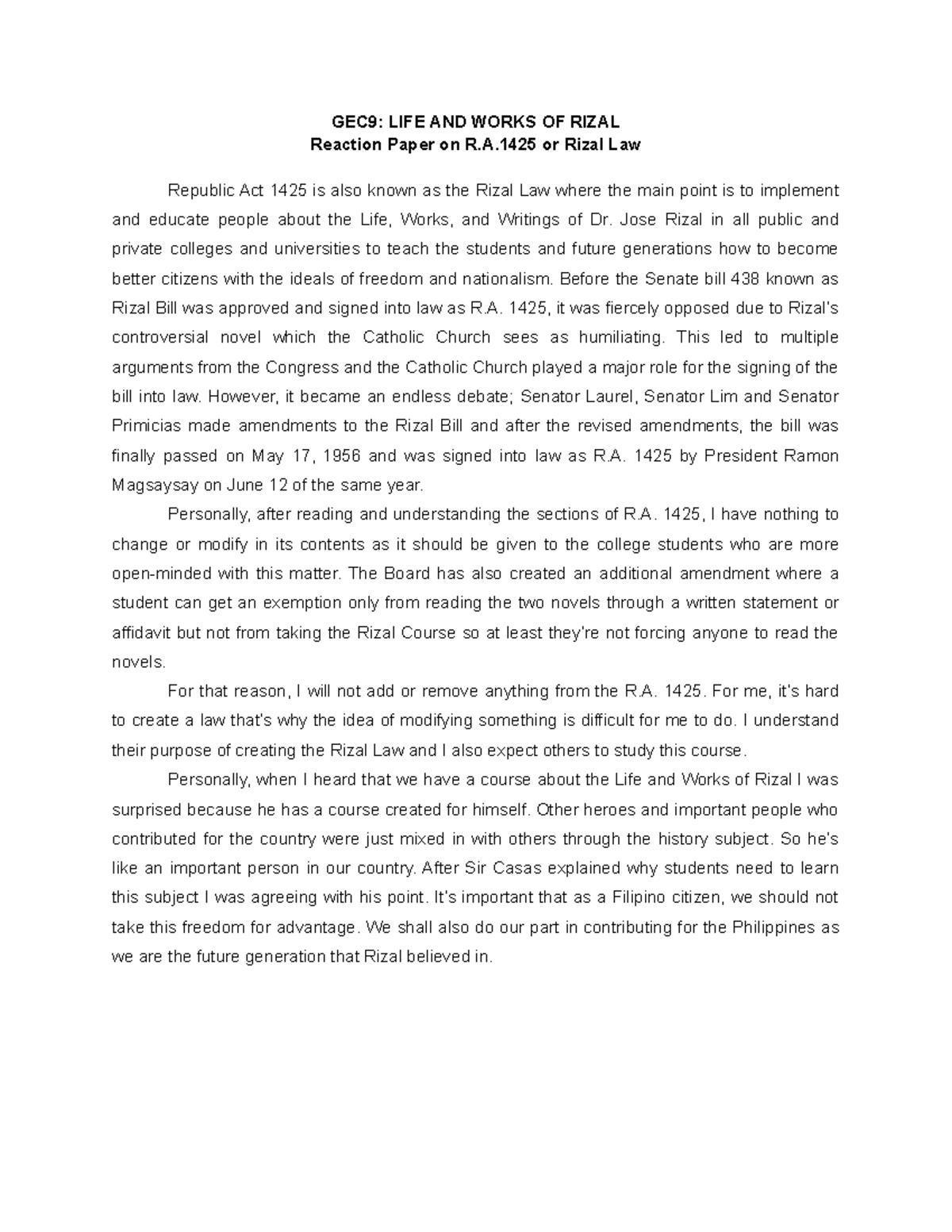 Rizal Law Reaction Paper - GEC9: LIFE AND WORKS OF RIZAL Reaction Paper ...