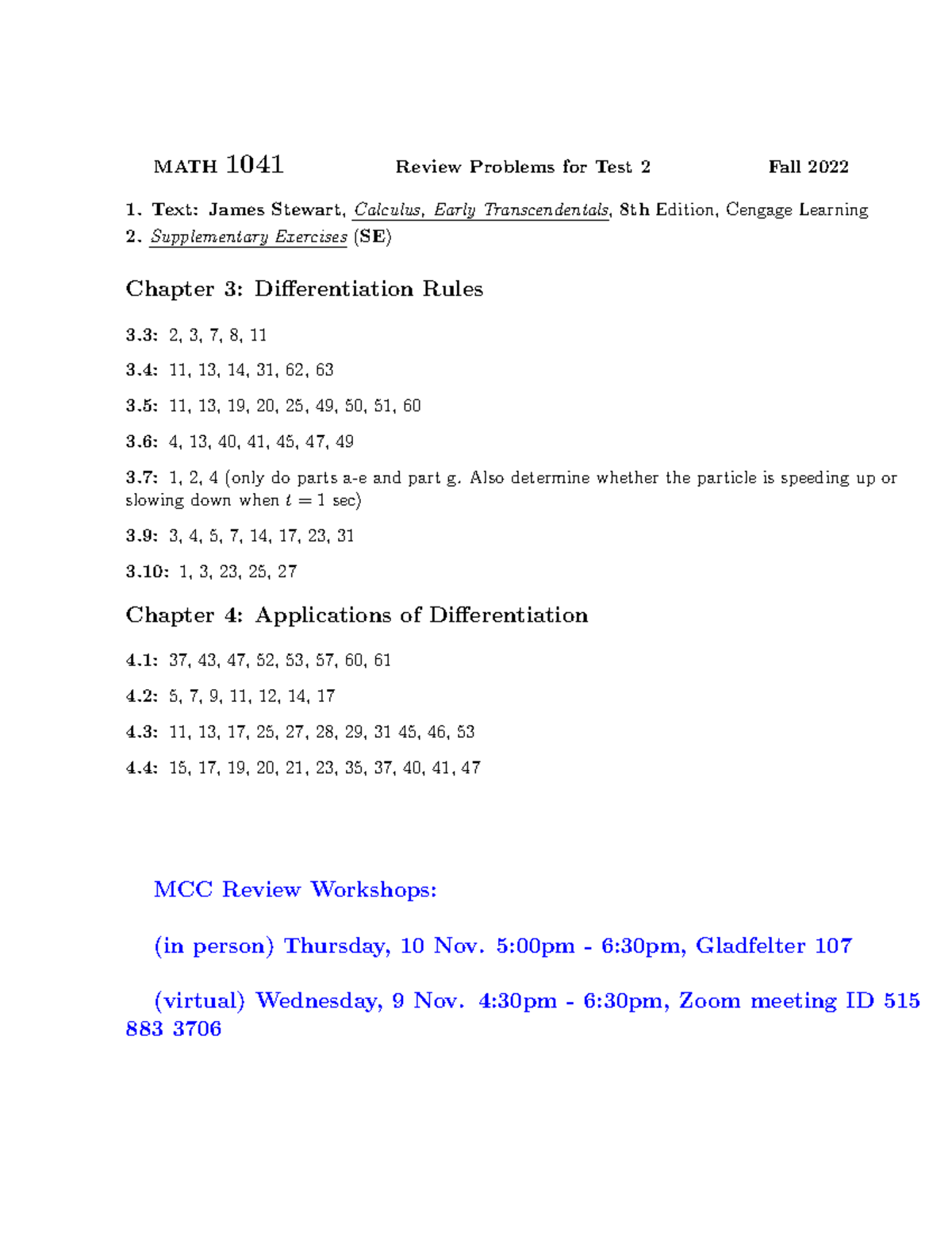 Math 1041 Midterm 2 Review Sheet Fall 2022 - MATH 1041 Review Problems ...