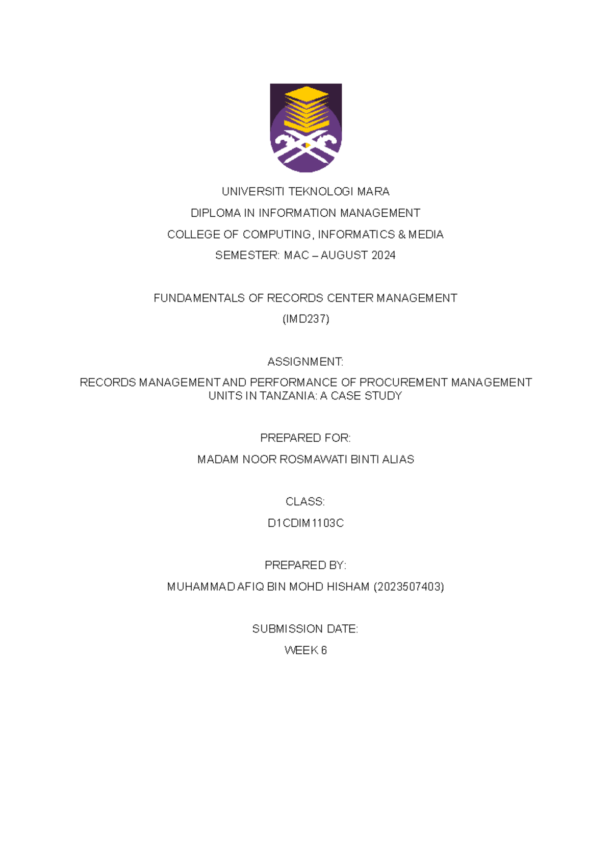 IMD237 individual assignment - UNIVERSITI TEKNOLOGI MARA DIPLOMA IN ...