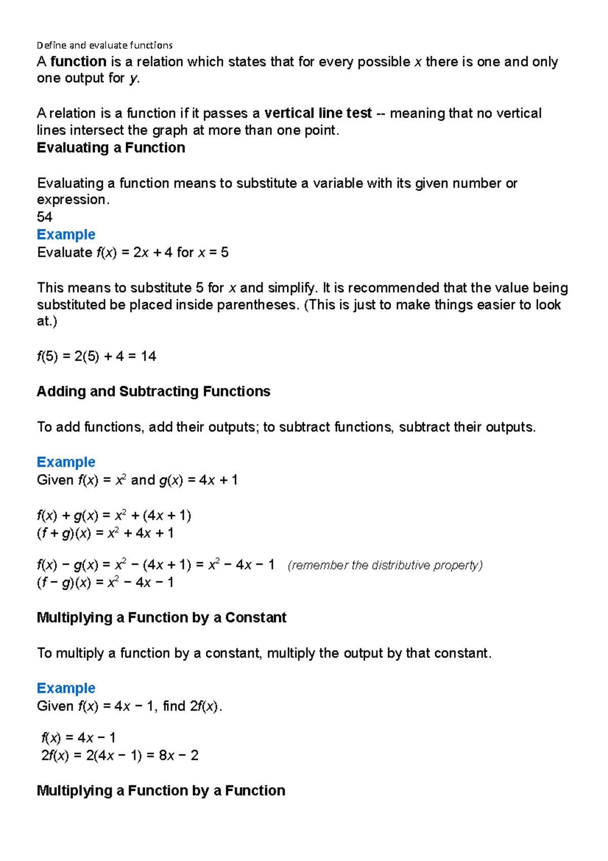 Math and science tech - math - Define and evaluate functions A function ...