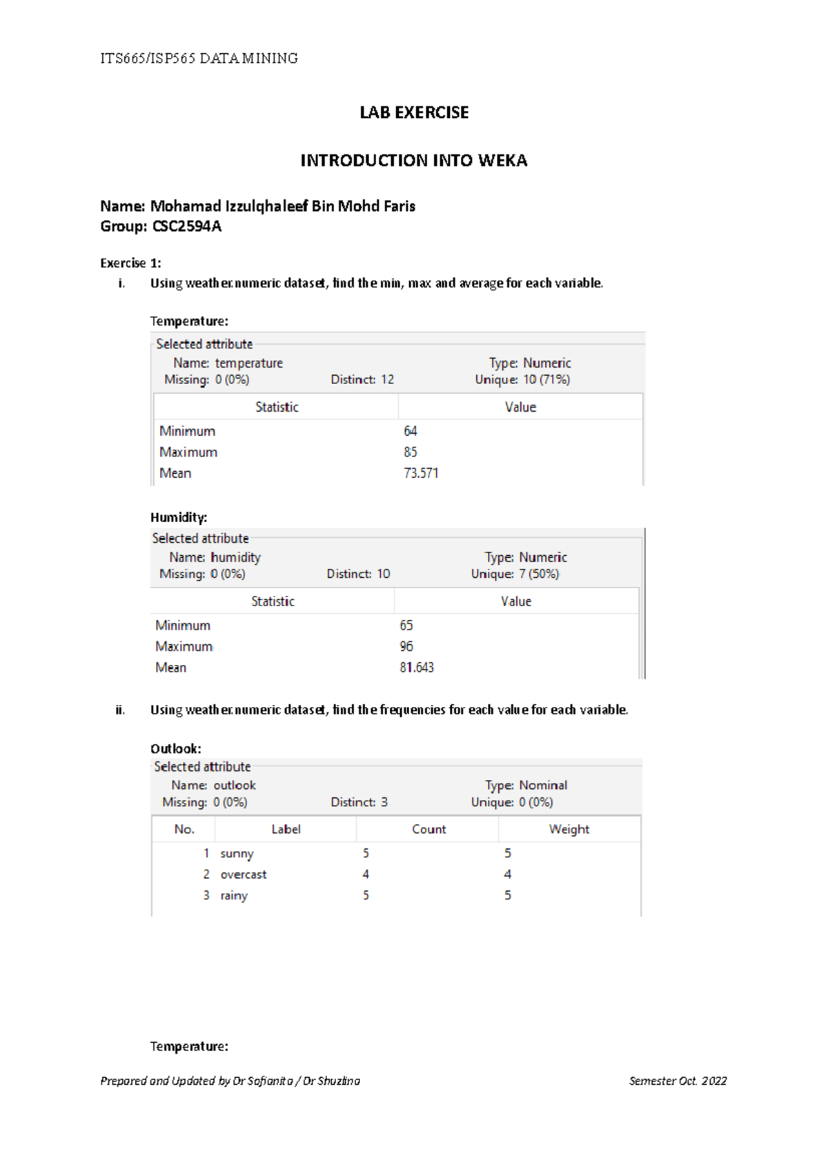 WEEK 1 2 - Intro to WEKA - Practice - LAB EXERCISE INTRODUCTION INTO WEKA Name: Mohamad ...