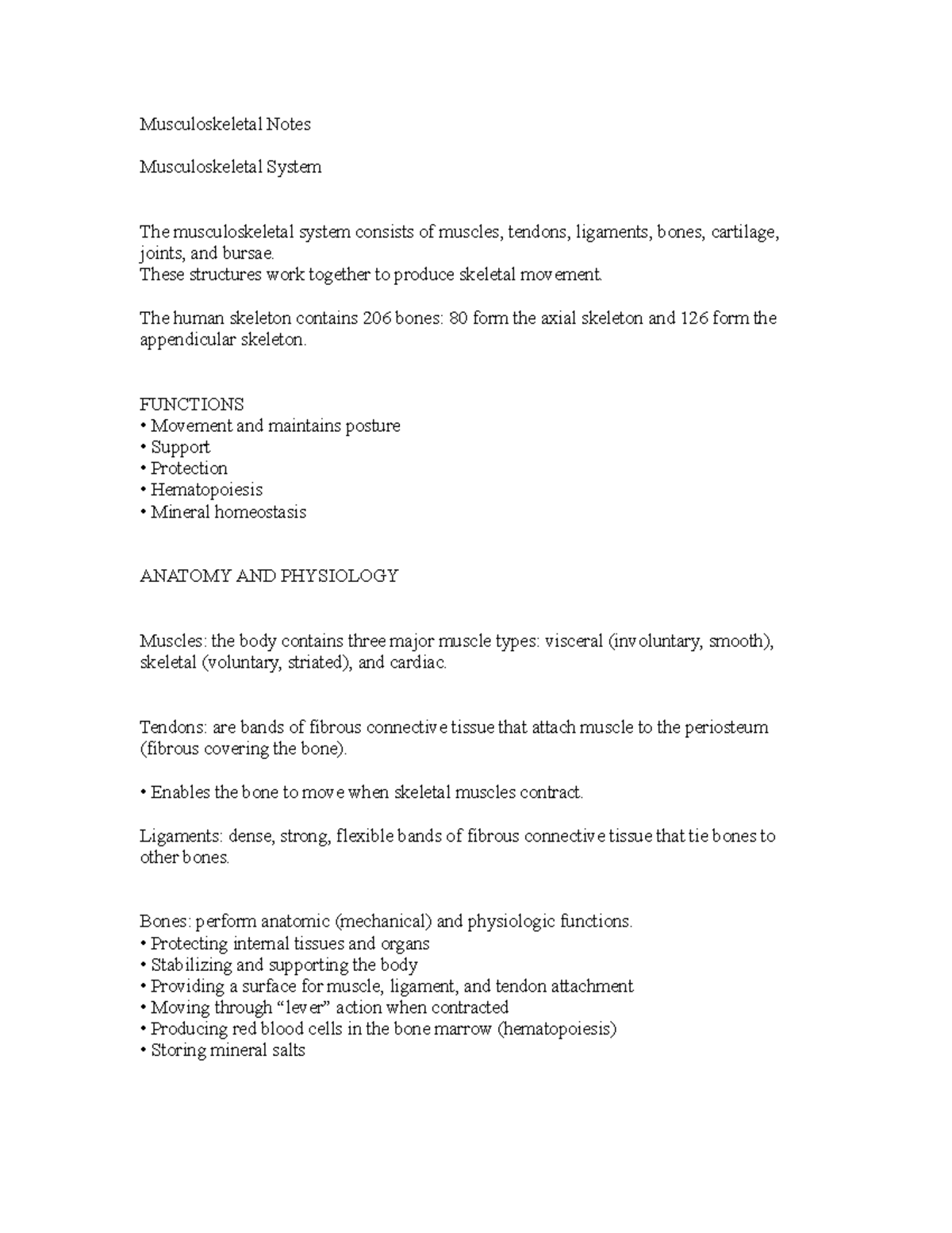 Musculoskeletal Notes - Musculoskeletal Notes Musculoskeletal System ...