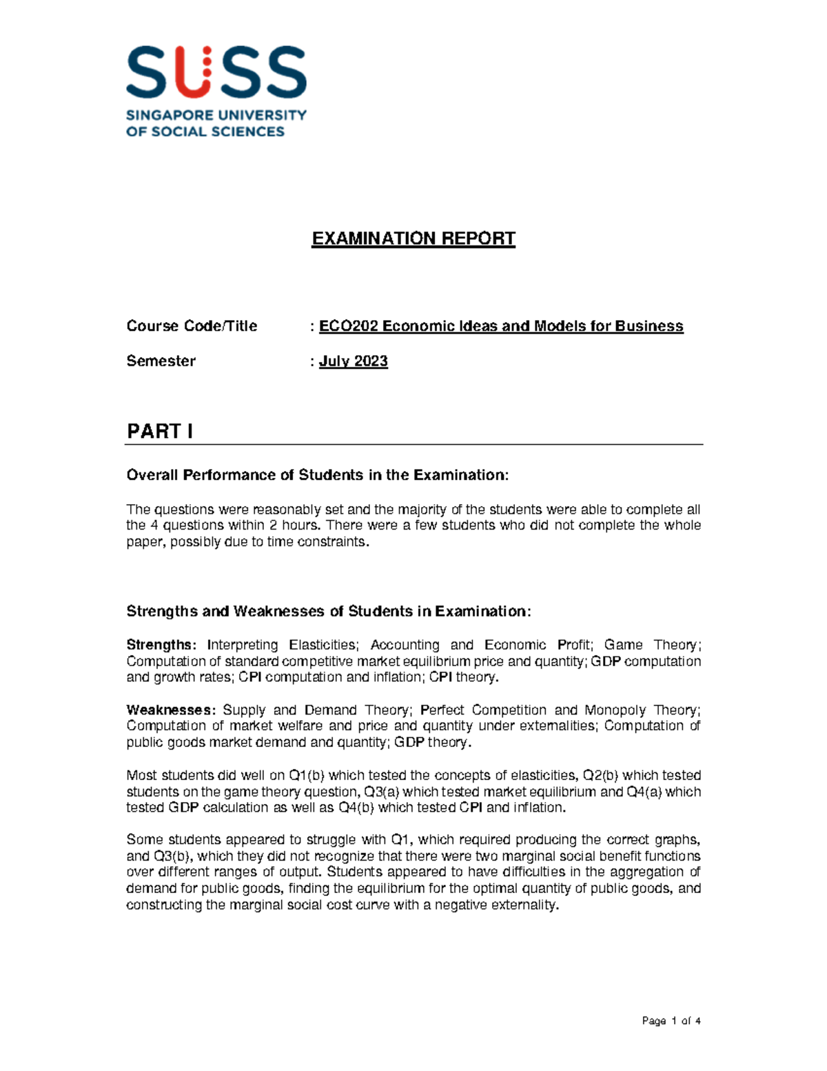 ECO202 Examination Report Jul 2023 Semester - EXAMINATION REPORT Course ...