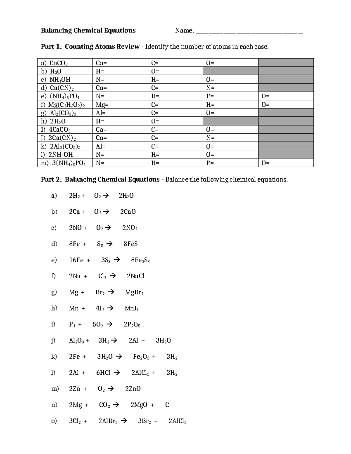 Balancing Chemical Equations Worksheet - Balancing Chemical Equations Name: - Studocu