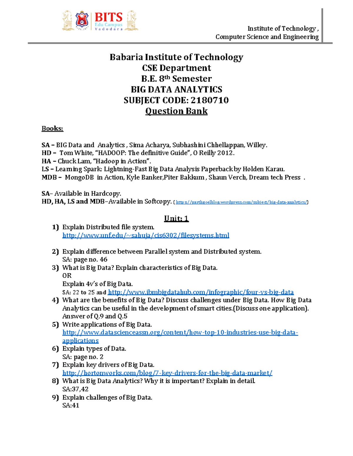 Question-bank big-data-analytics final 1 2 - Computer Science and Engineering Babaria Institute ...
