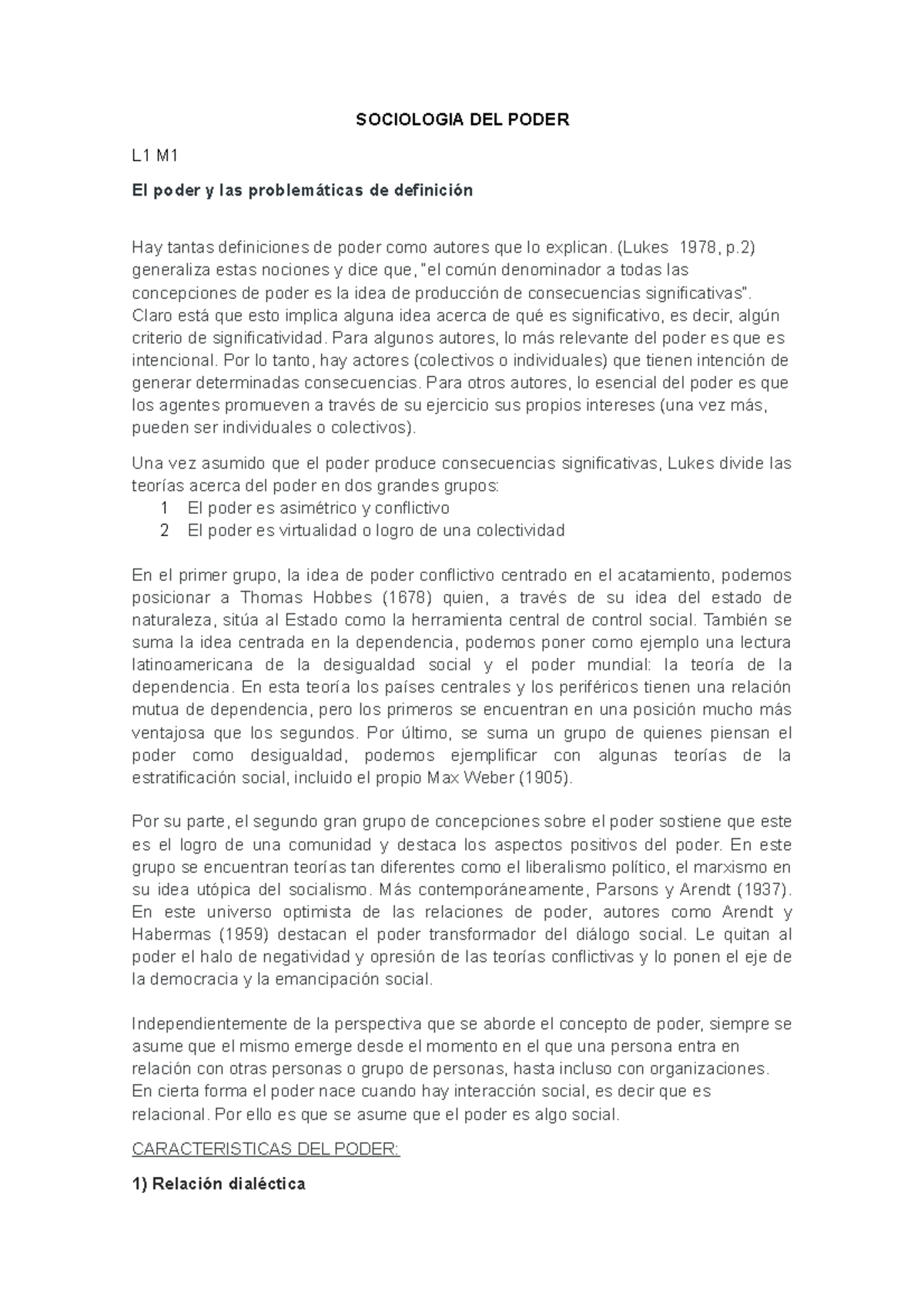 Sociologia DEL Poder Resumen L1 - SOCIOLOGIA DEL PODER L1 M El poder y ...