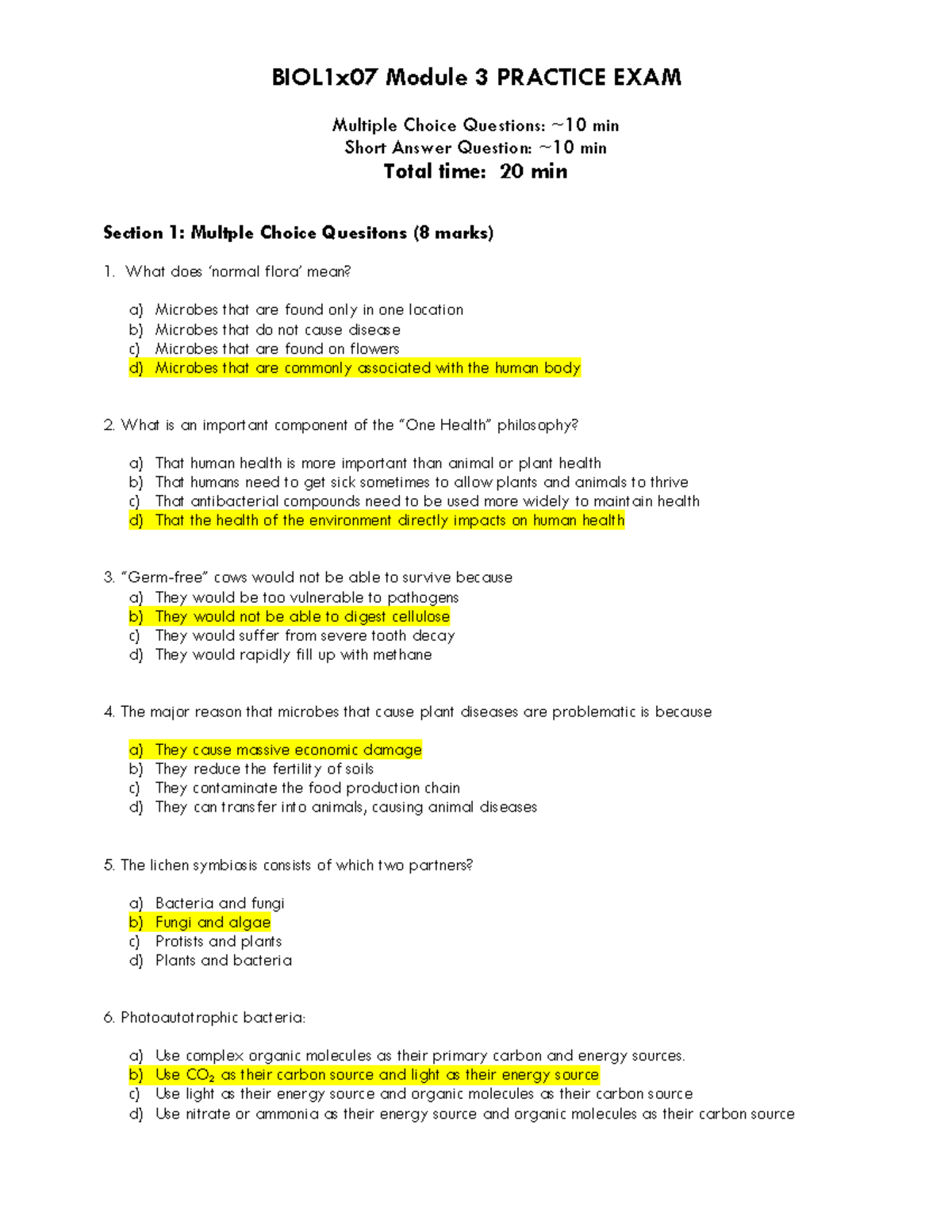 Practice Questions Module 3 2023 Answers Biol1x07 Module 3 Practice Exam Multiple Choice