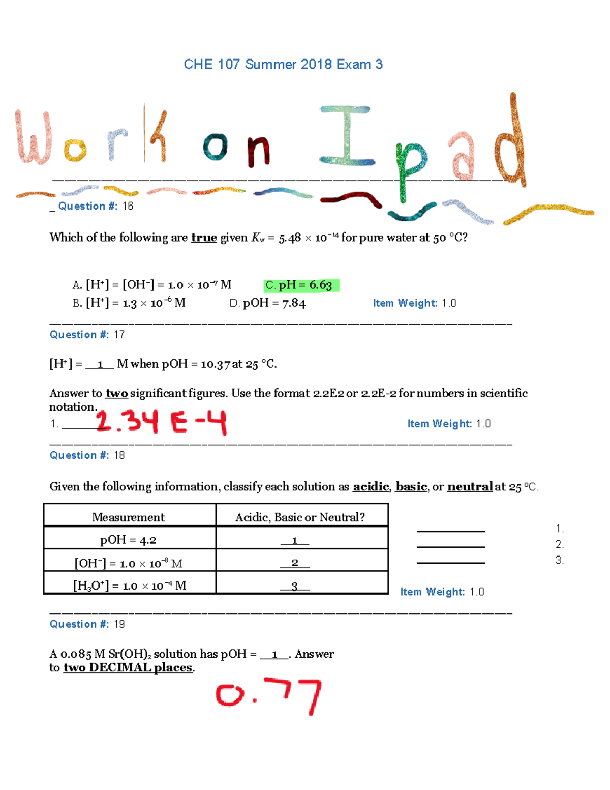 CHE107 - Exam 3 - Help session - CHE 107 Summer 2018 Exam 3 - Studocu