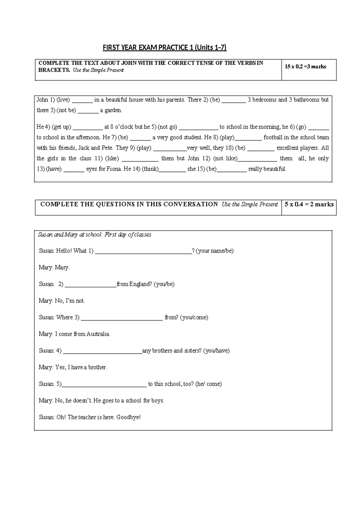 First YEAR EXAM Practice 1 - FIRST YEAR EXAM PRACTICE 1 (Units 1-7 ...