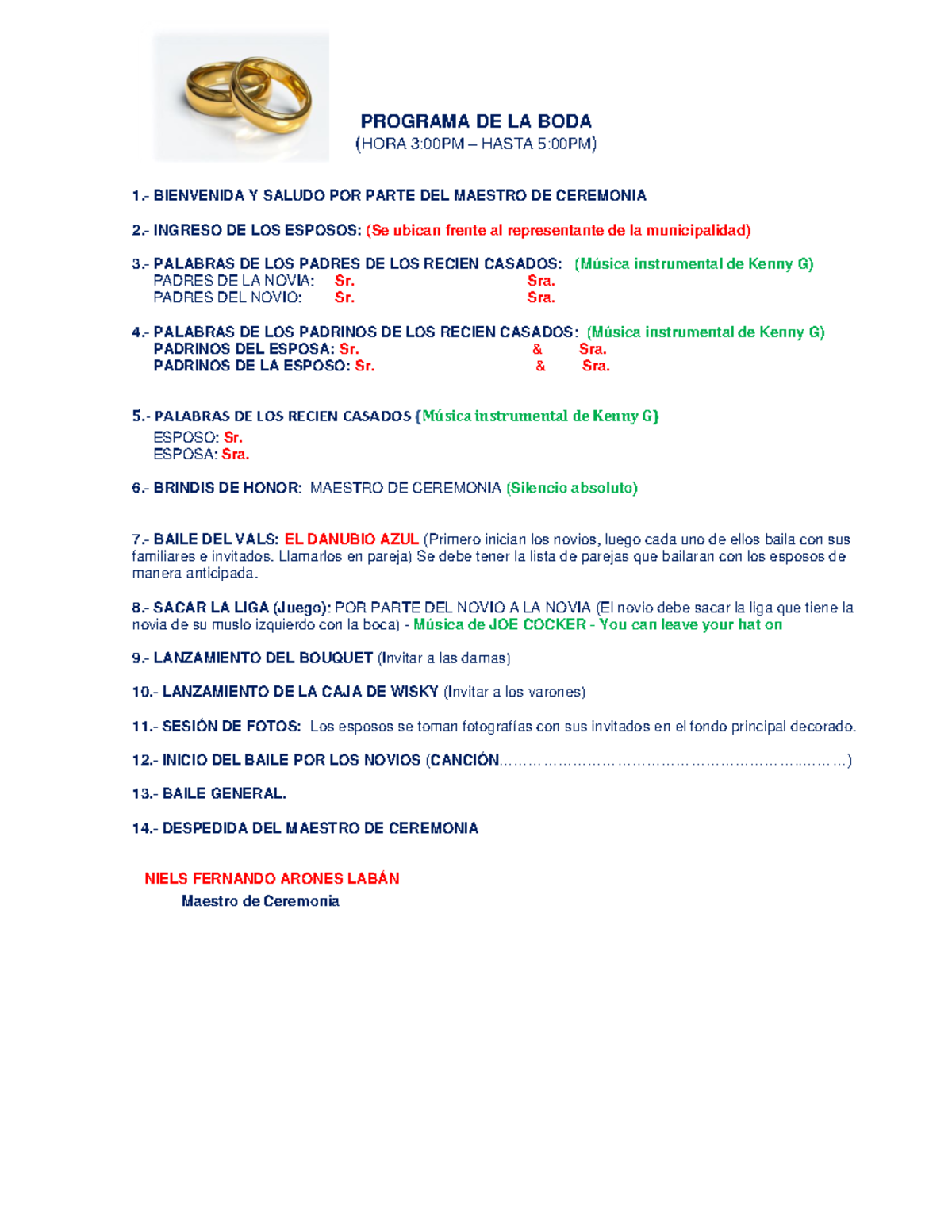 Protocolo DE BODA Civil - PROGRAMA DE LA BODA (HORA 3:00PM – HASTA 5 ...