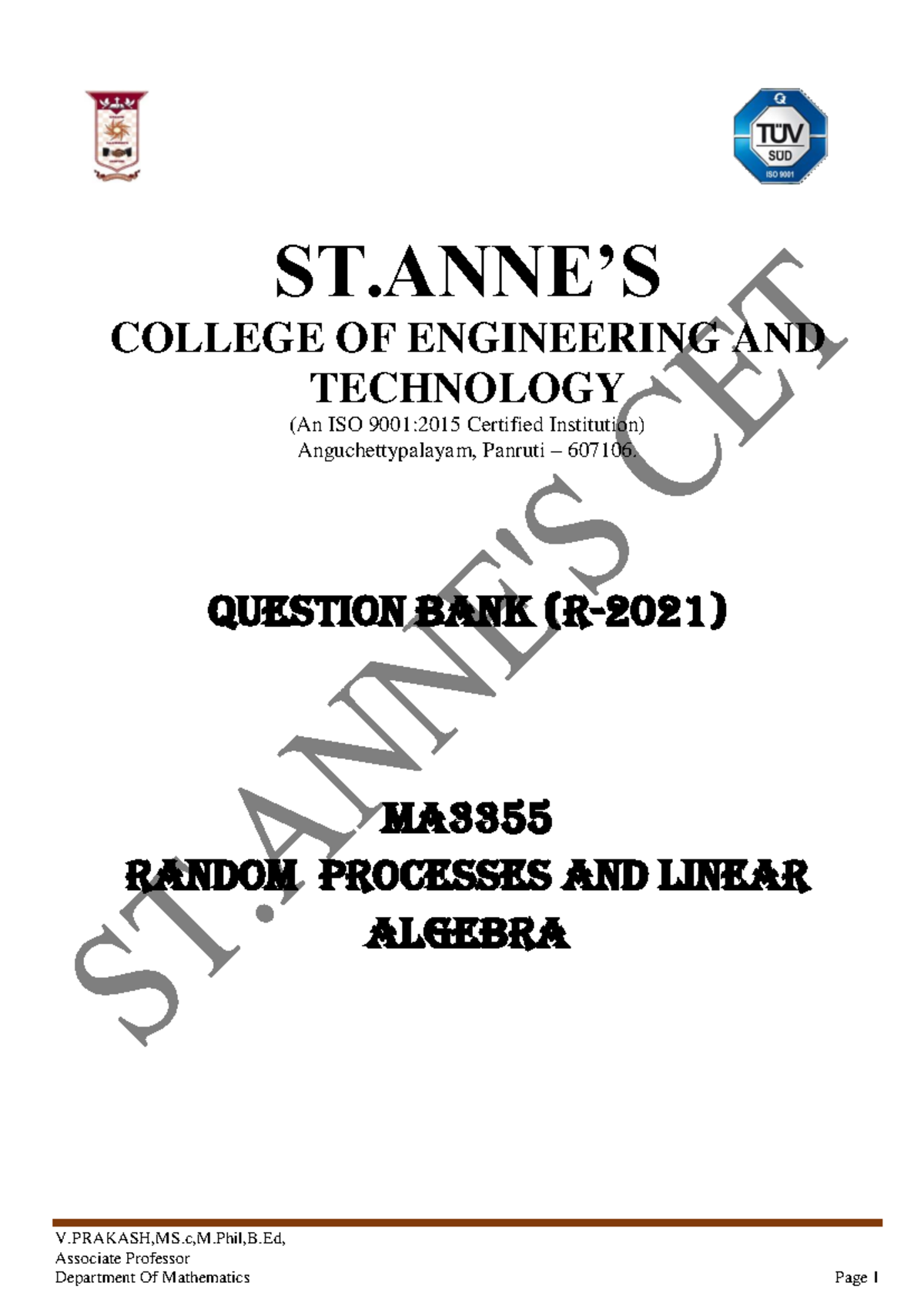 MA3355- Random Processes AND Linear Algebra-739353433-ECE-MA3355(RPLA) Question BANK - V,MS,M,B ...