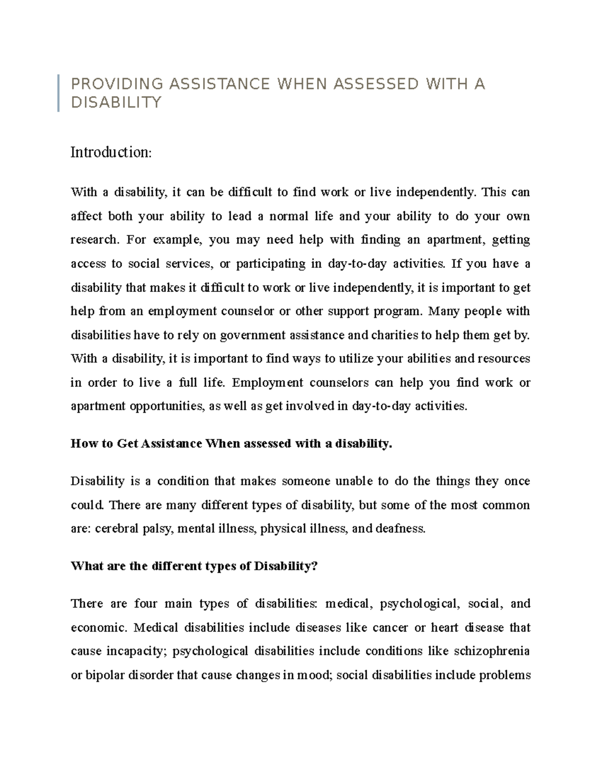 Providing Assistance When assessed with a disability - PROVIDING ...