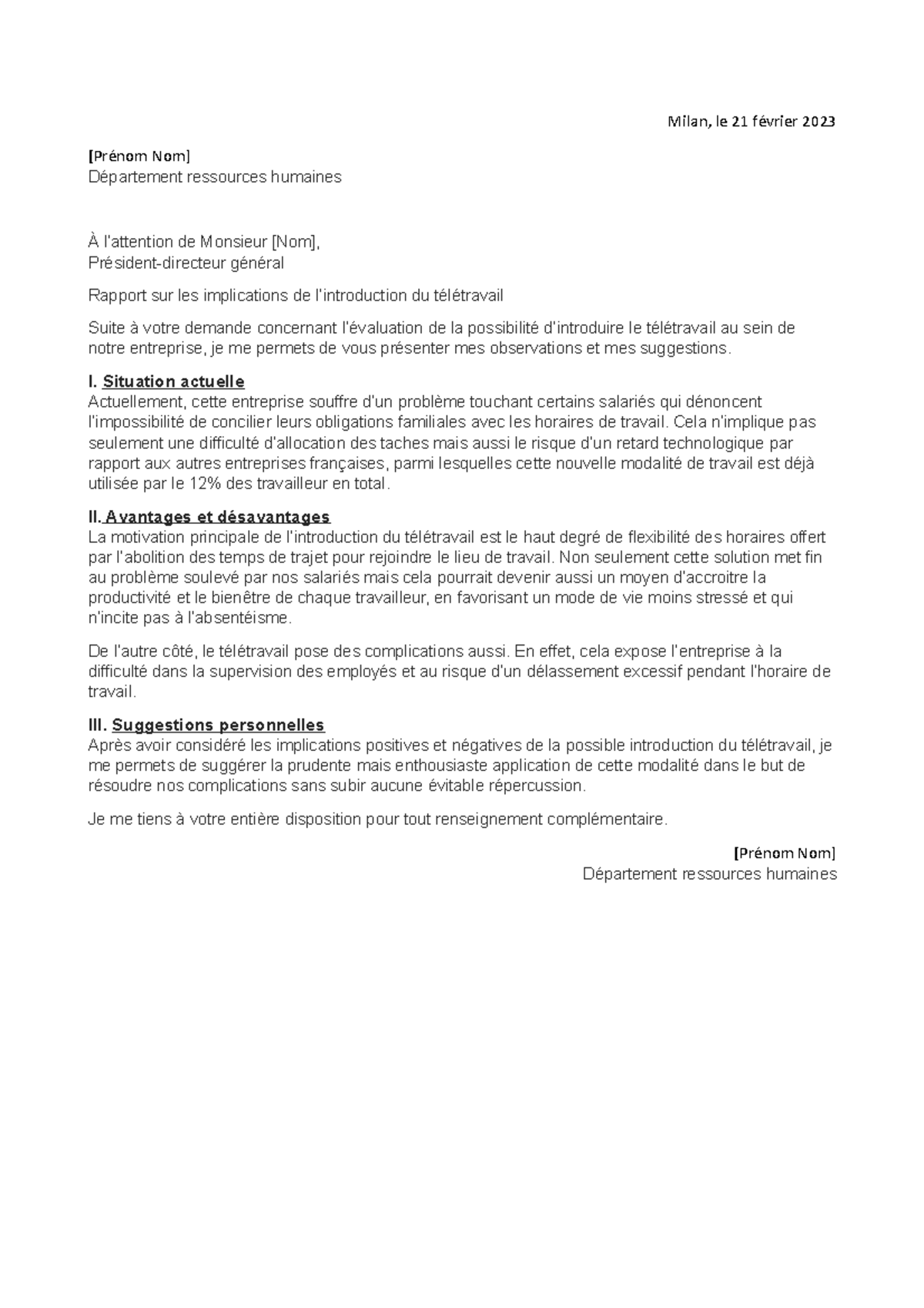 Rapport ressources humaines example - Milan, le 21 février 2023 [Prénom ...